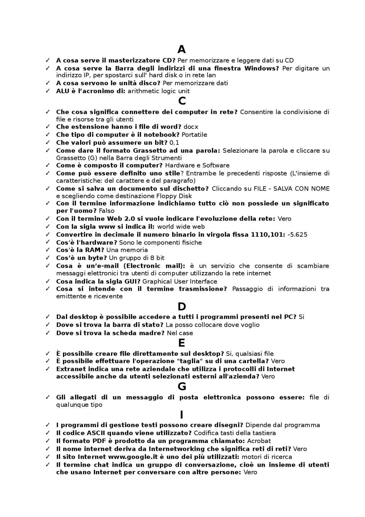 Test Autovalutazione Informatica Unicusano Docsity