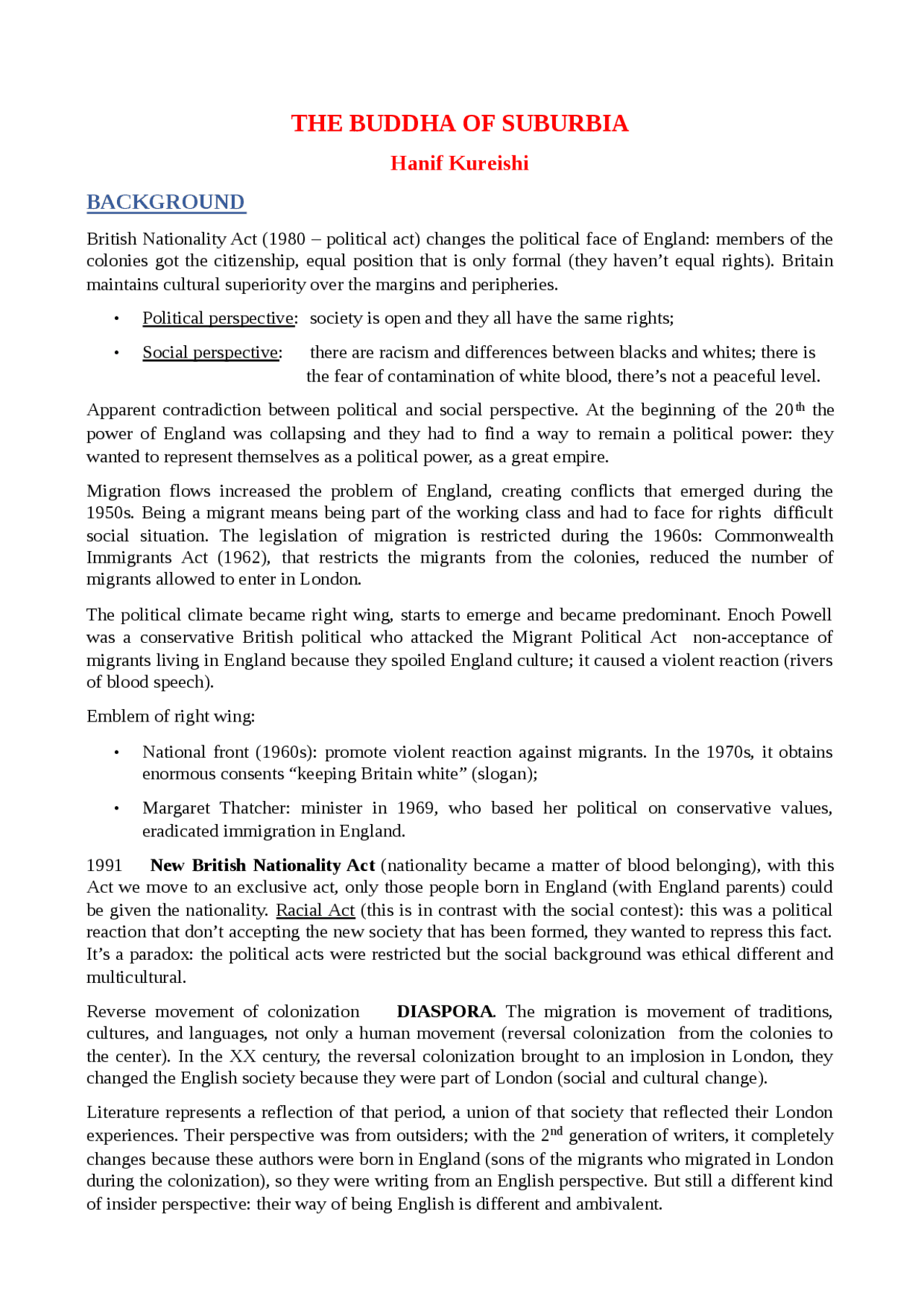 The buddha of suburbia - Kureishi - Docsity