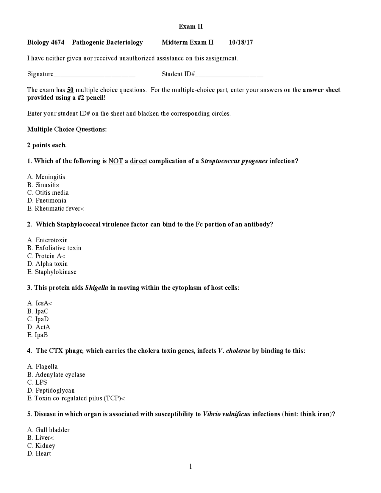 50 Solved Mcqs Midterm Exam Pathogenic Bacteriology Biol 4674 Docsity
