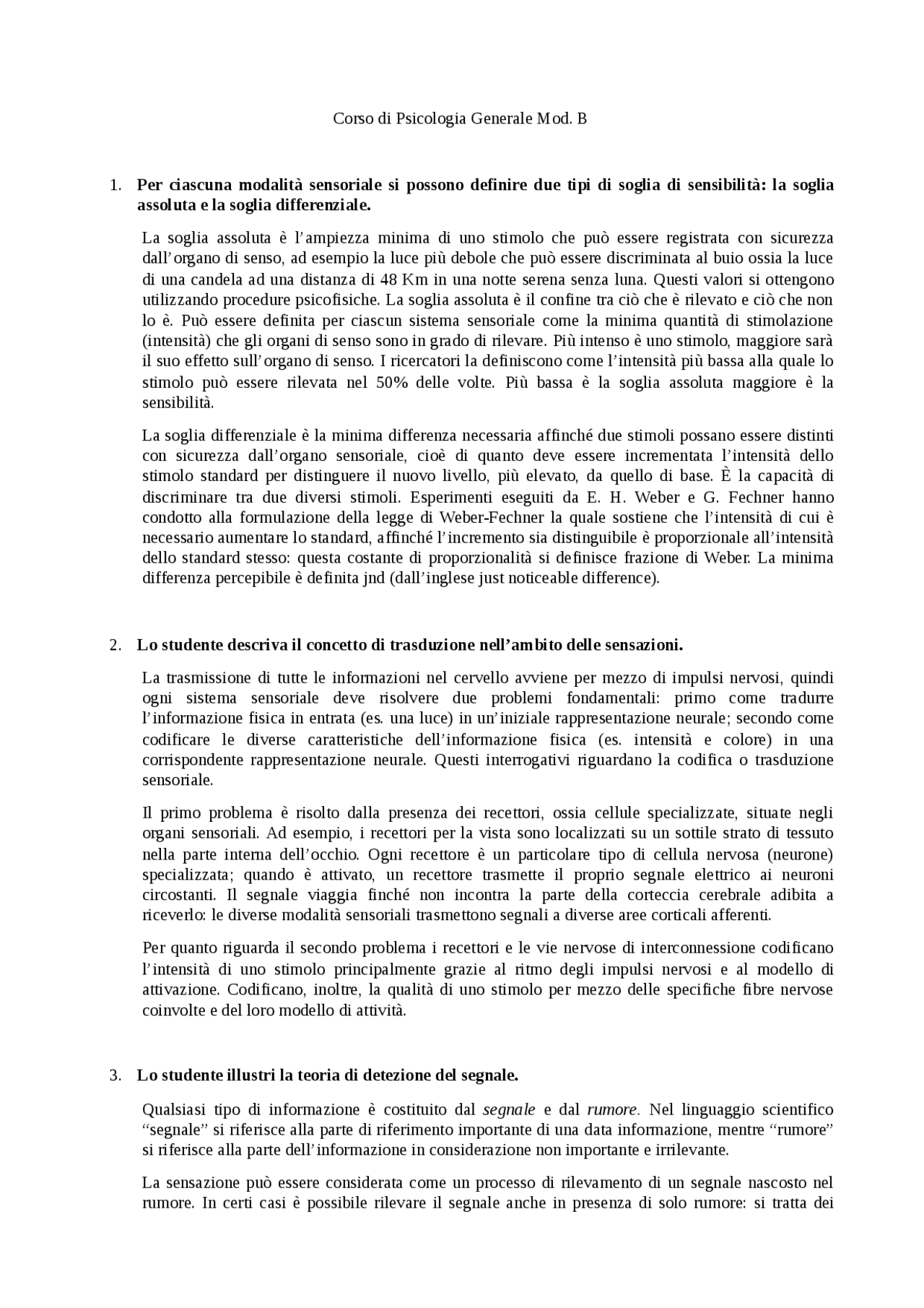 Esame Psicologia Generale Modulo B Docsity