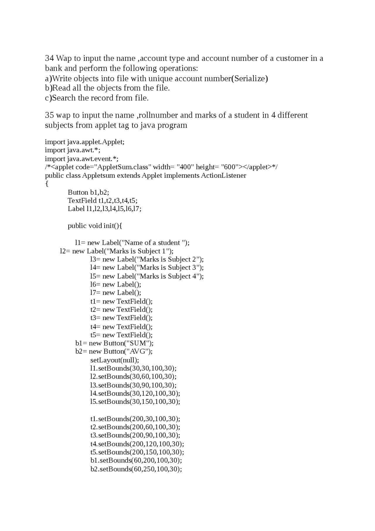 Some Java Applet Programs And C Programs Docsity