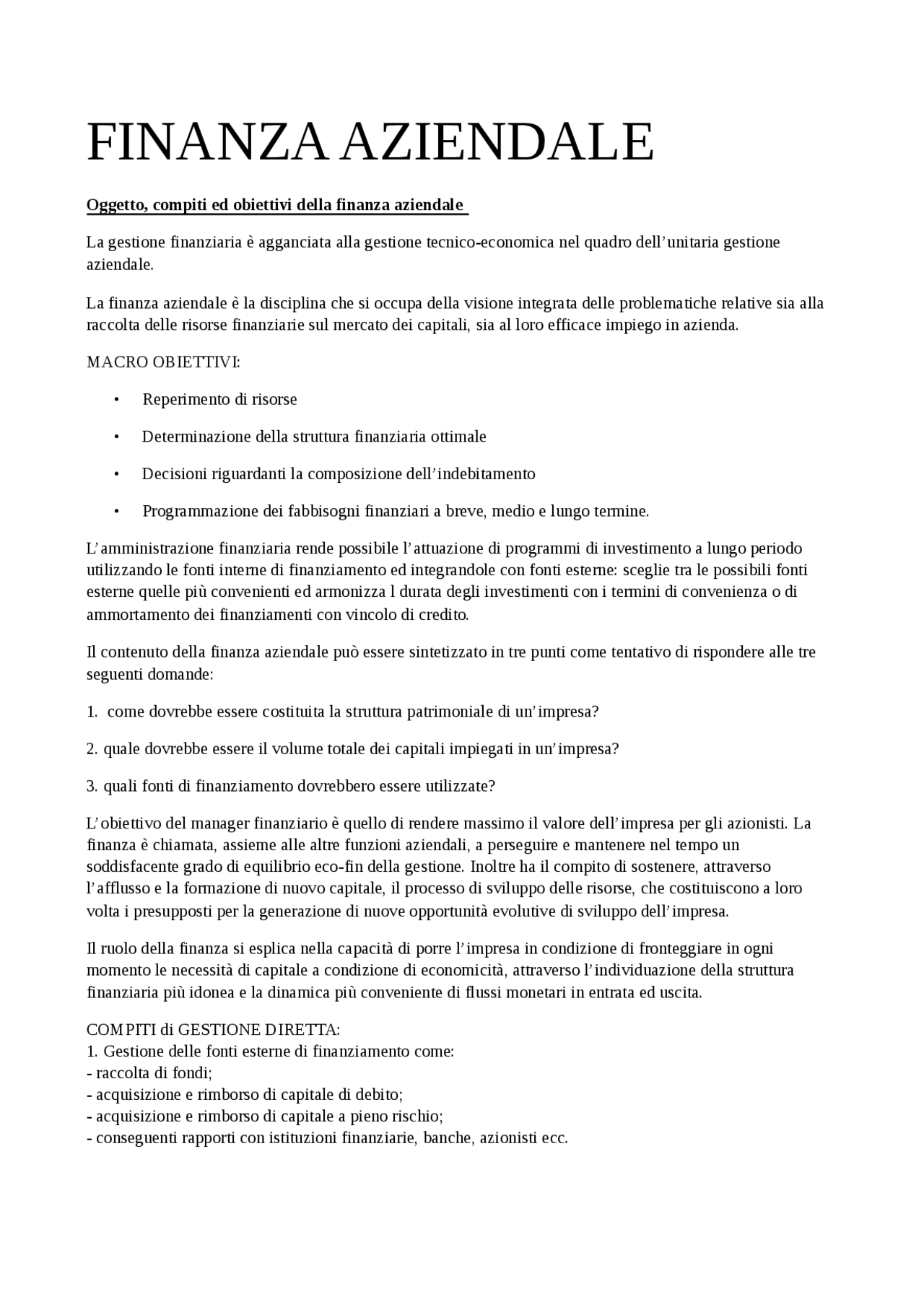 Modulo Di Finanza Aziendale Prof Miglietta Sintesi Del Corso Di