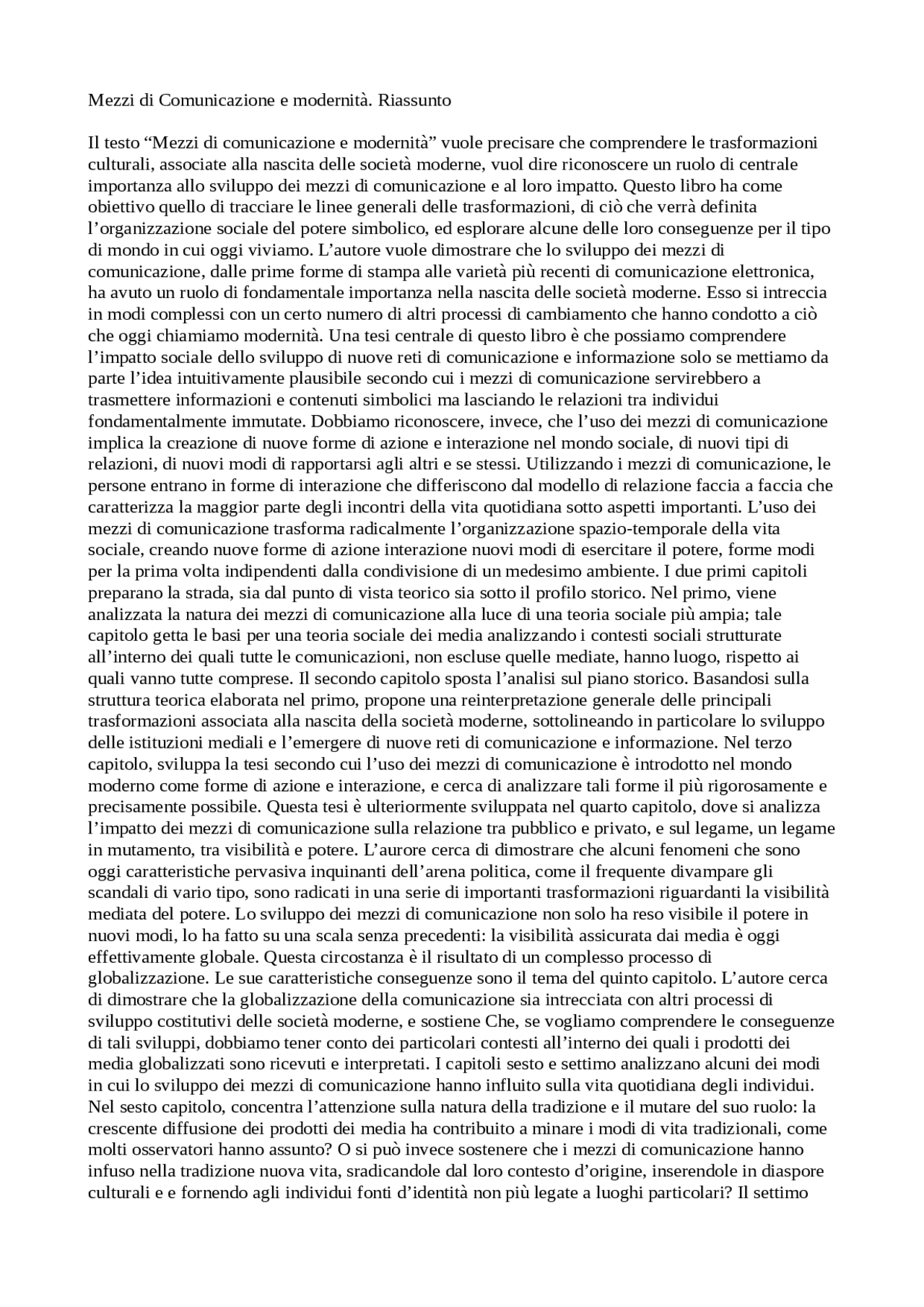 Mezzi Di Comunicazione E Modernità Docsity