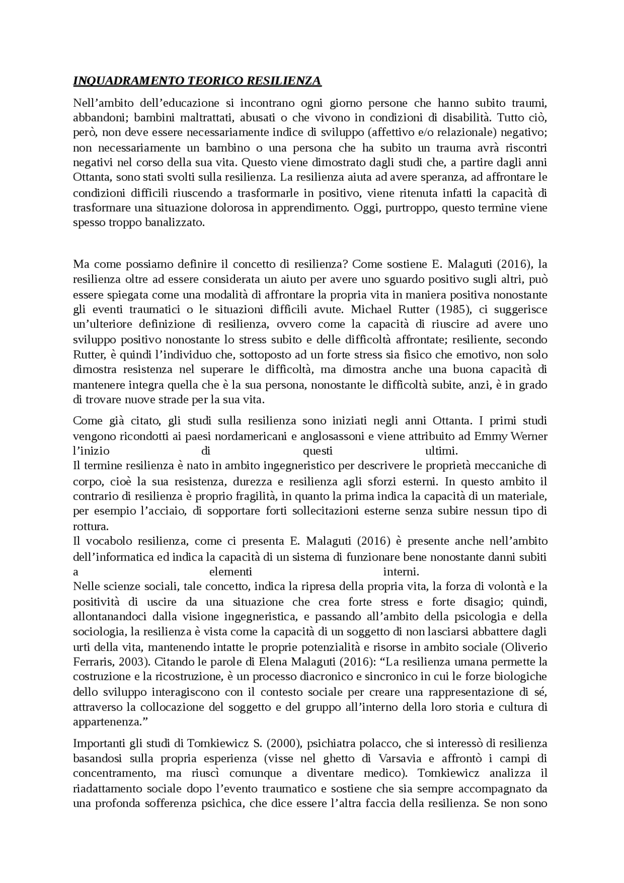 Tesina Sulla Resilienza Prove Desame Di Pedagogia Docsity