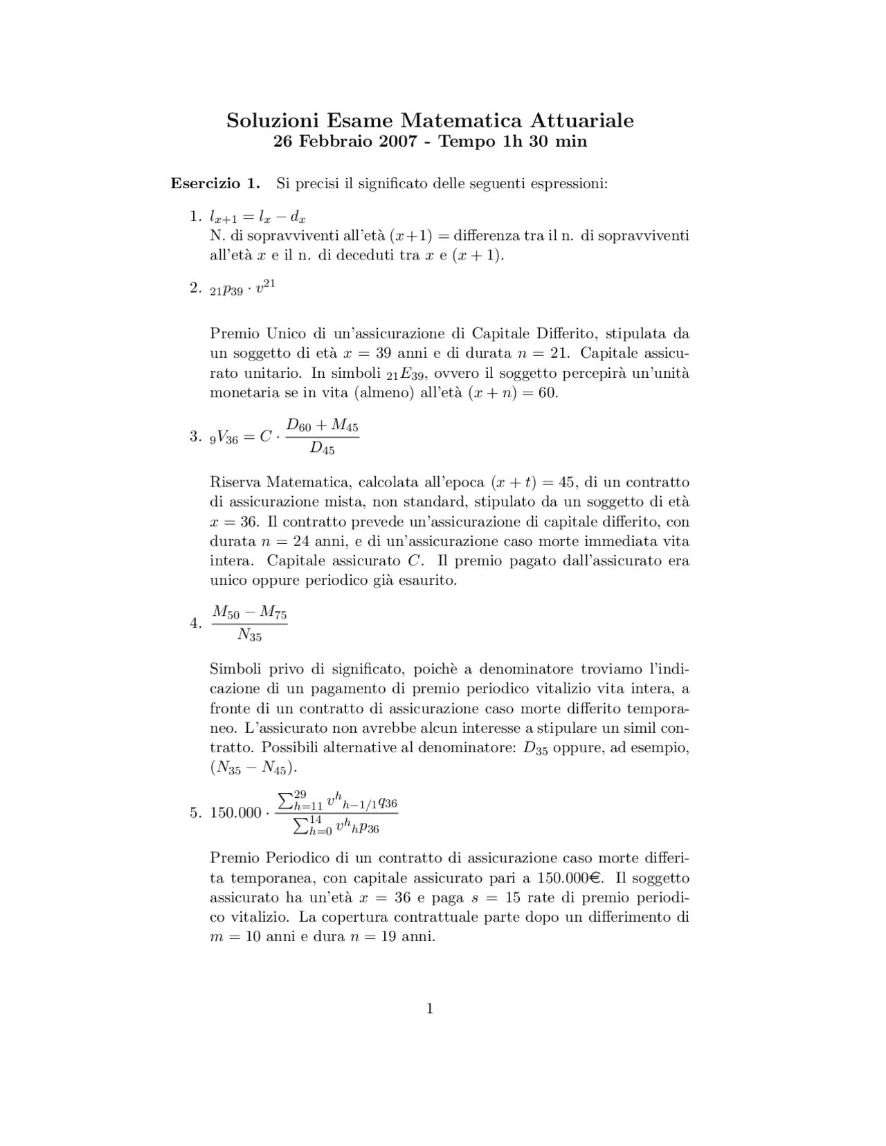 Esercizi Desame Con Soluzioni Di Matematica Attuariale Esercizi Di