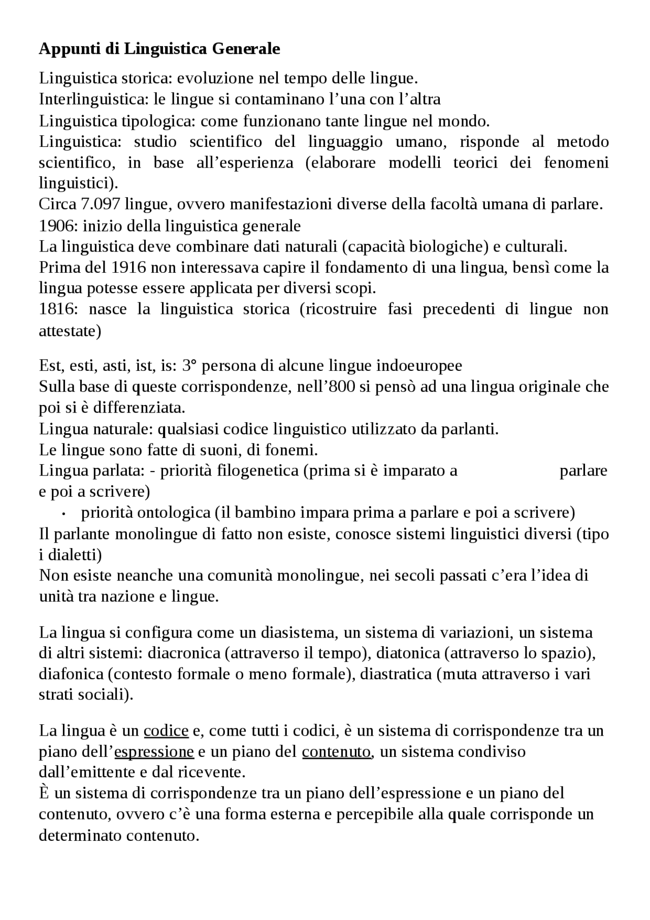 Appunti Linguistica Generale Docsity