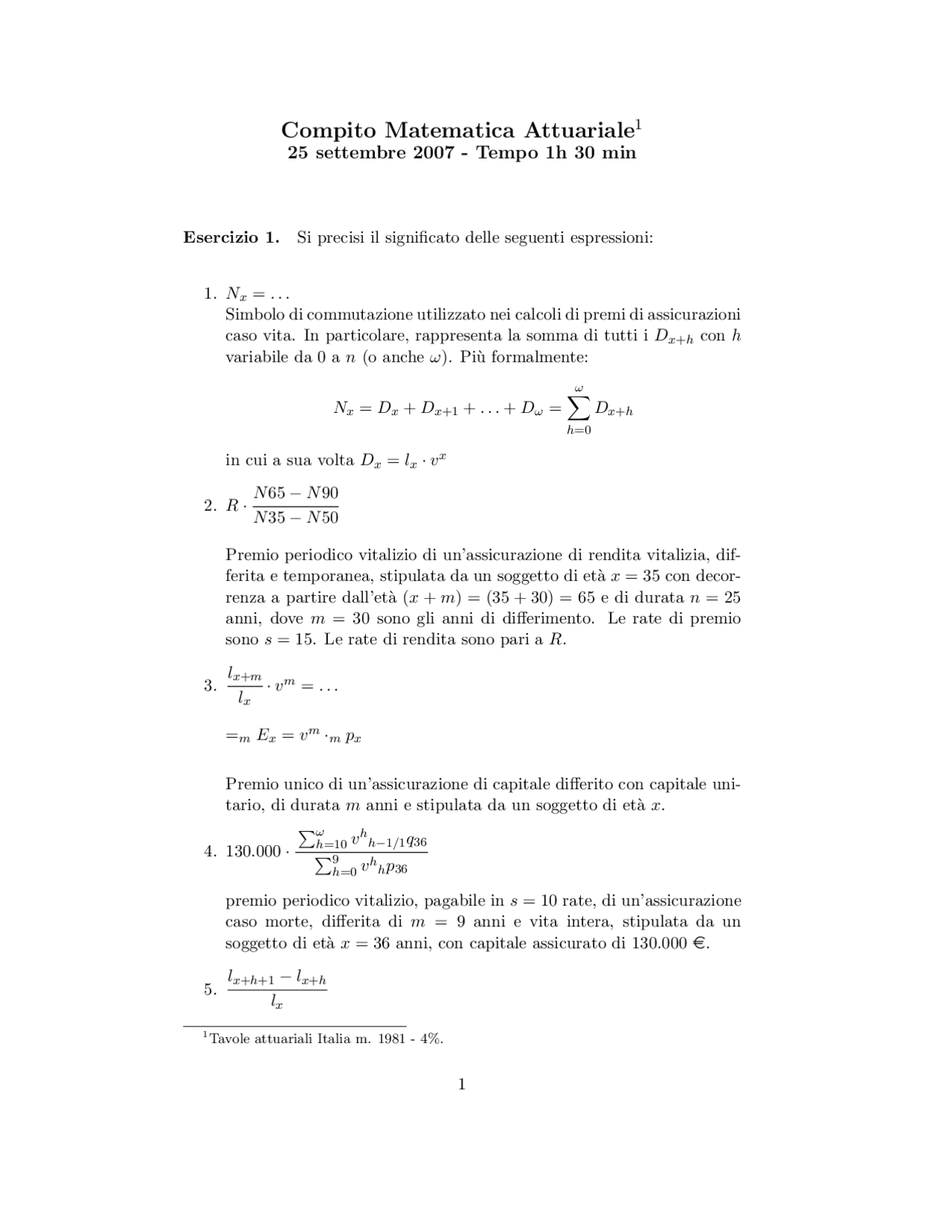 Esercitazione Matematica Attuariale Docsity