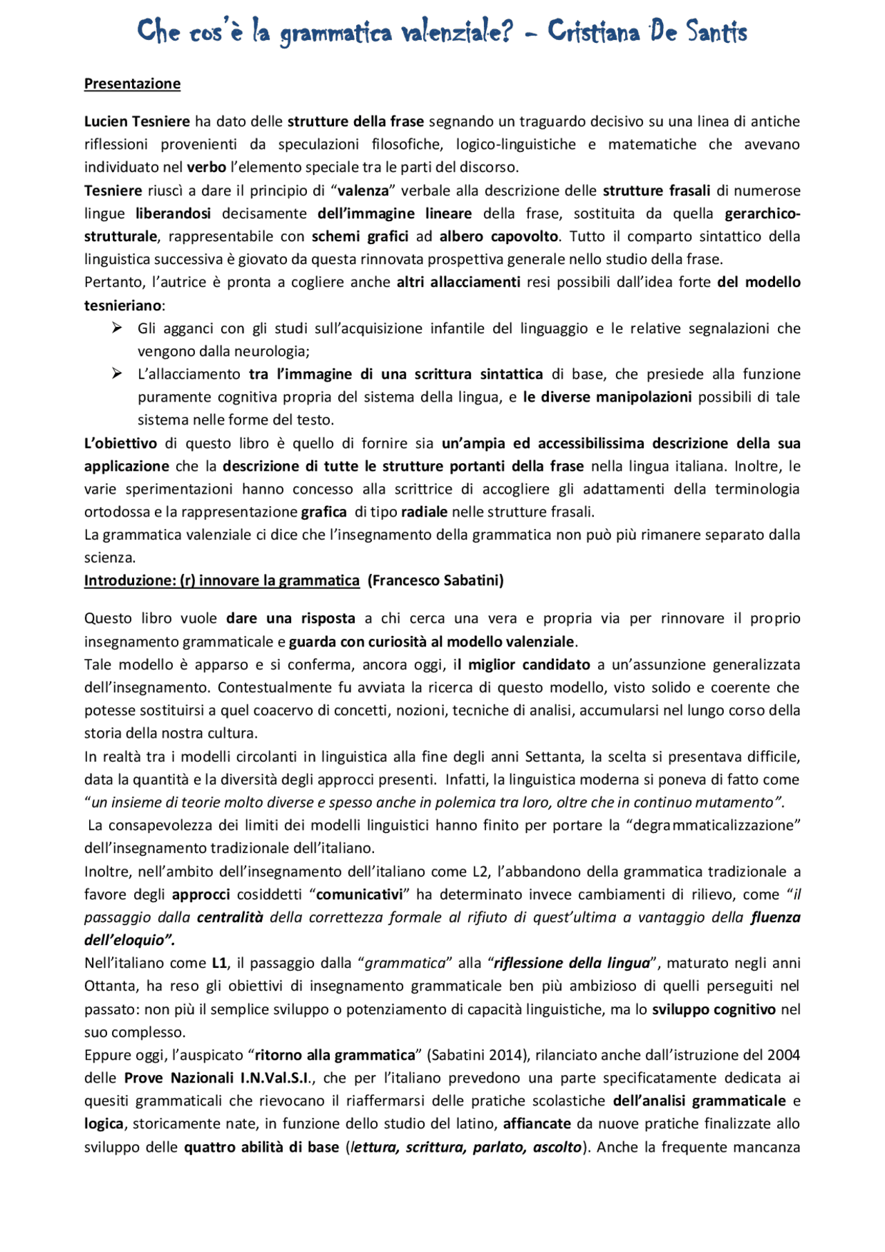 Che Cosè La Grammatica Valenziale De Sanctis Docsity
