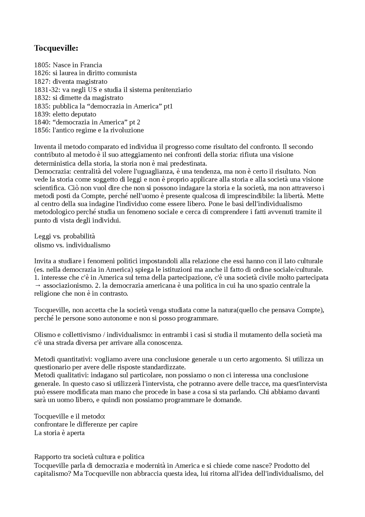 Appunti Sociologia Tocqueville Docsity