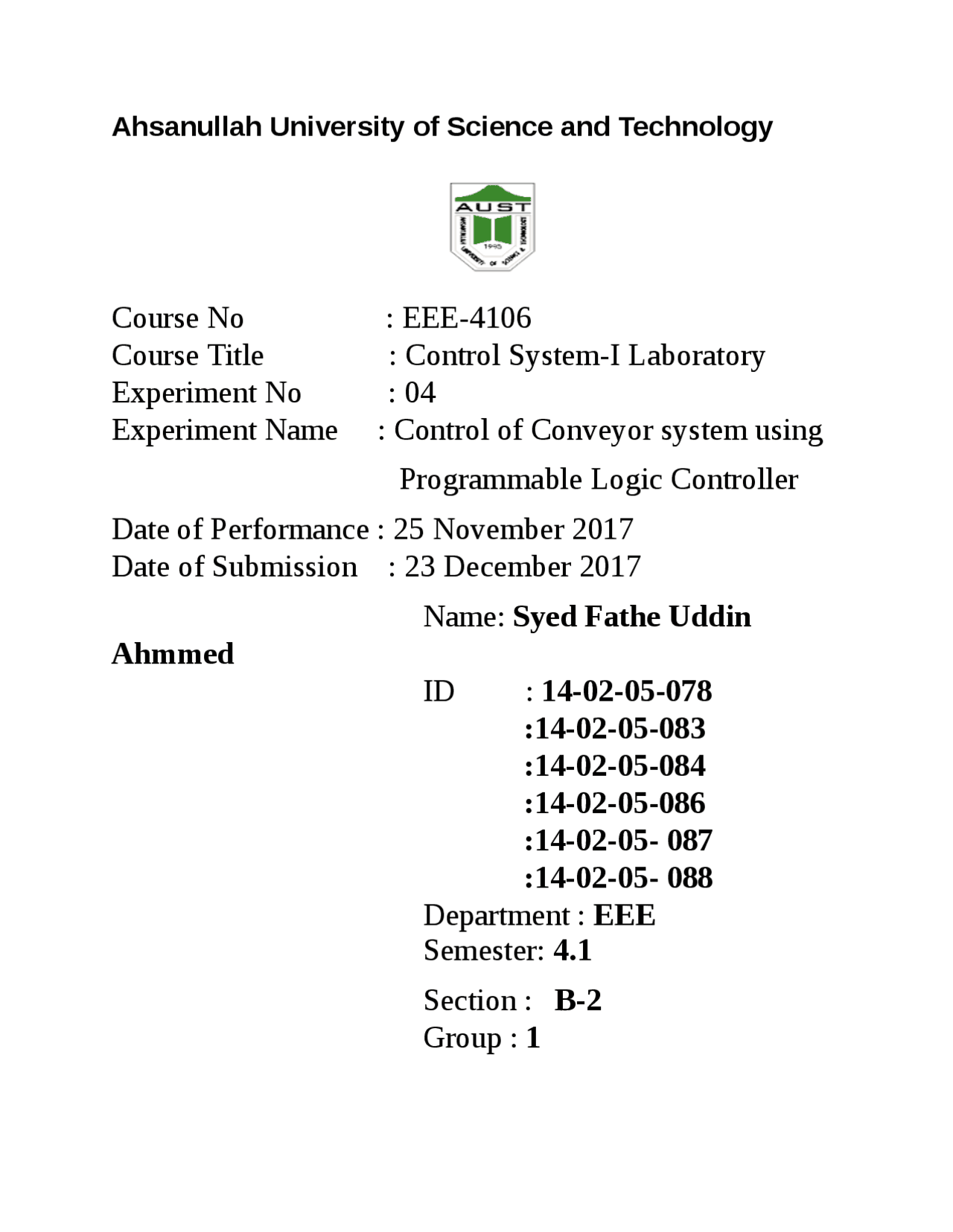 Control Lab Report About Programmable Logic Controller Exercises