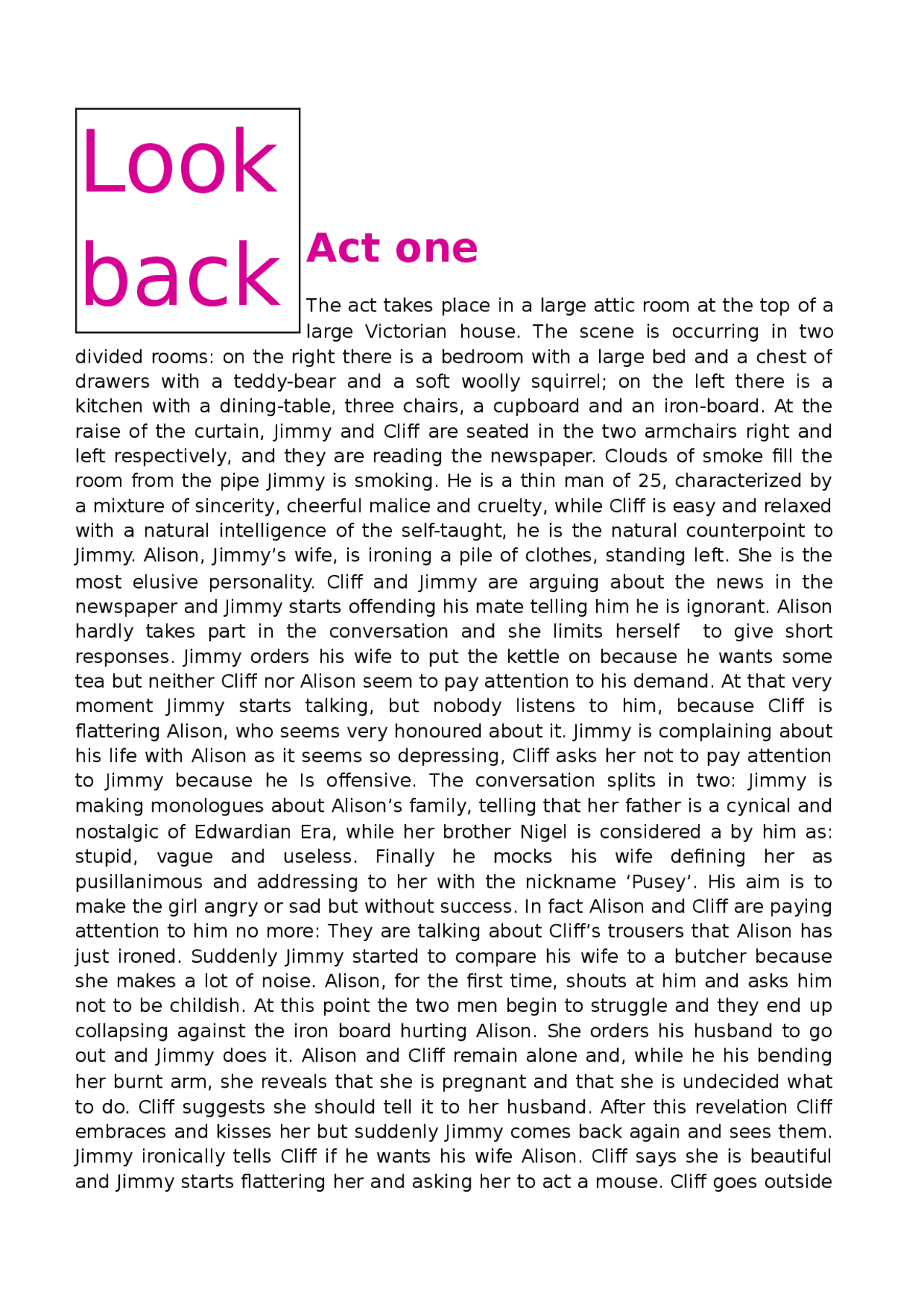 Look Back In Anger John Osborne Docsity