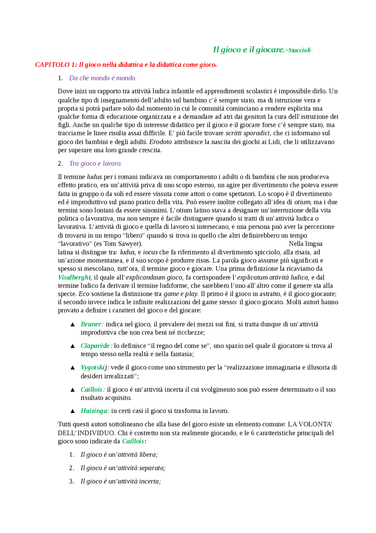 Il Gioco E Il Giocare Prima Parte Docsity