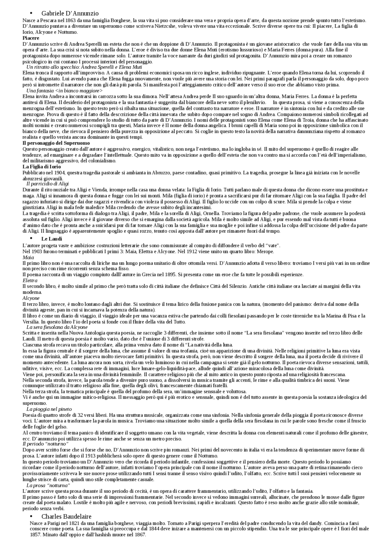 Appunti Dannunzio Baudelaire Pascoli Appunti Di Italiano Docsity