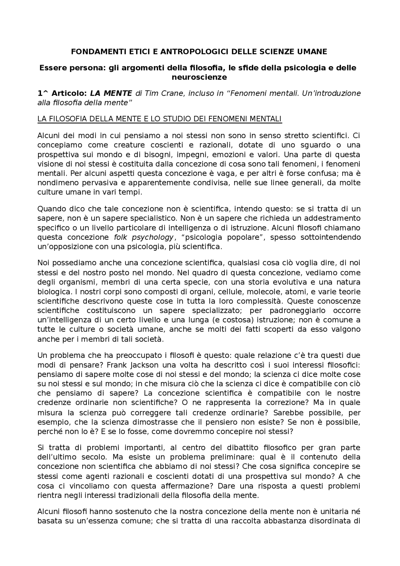 Fondamenti Etici E Antropologici Delle Scienze Umane Docsity