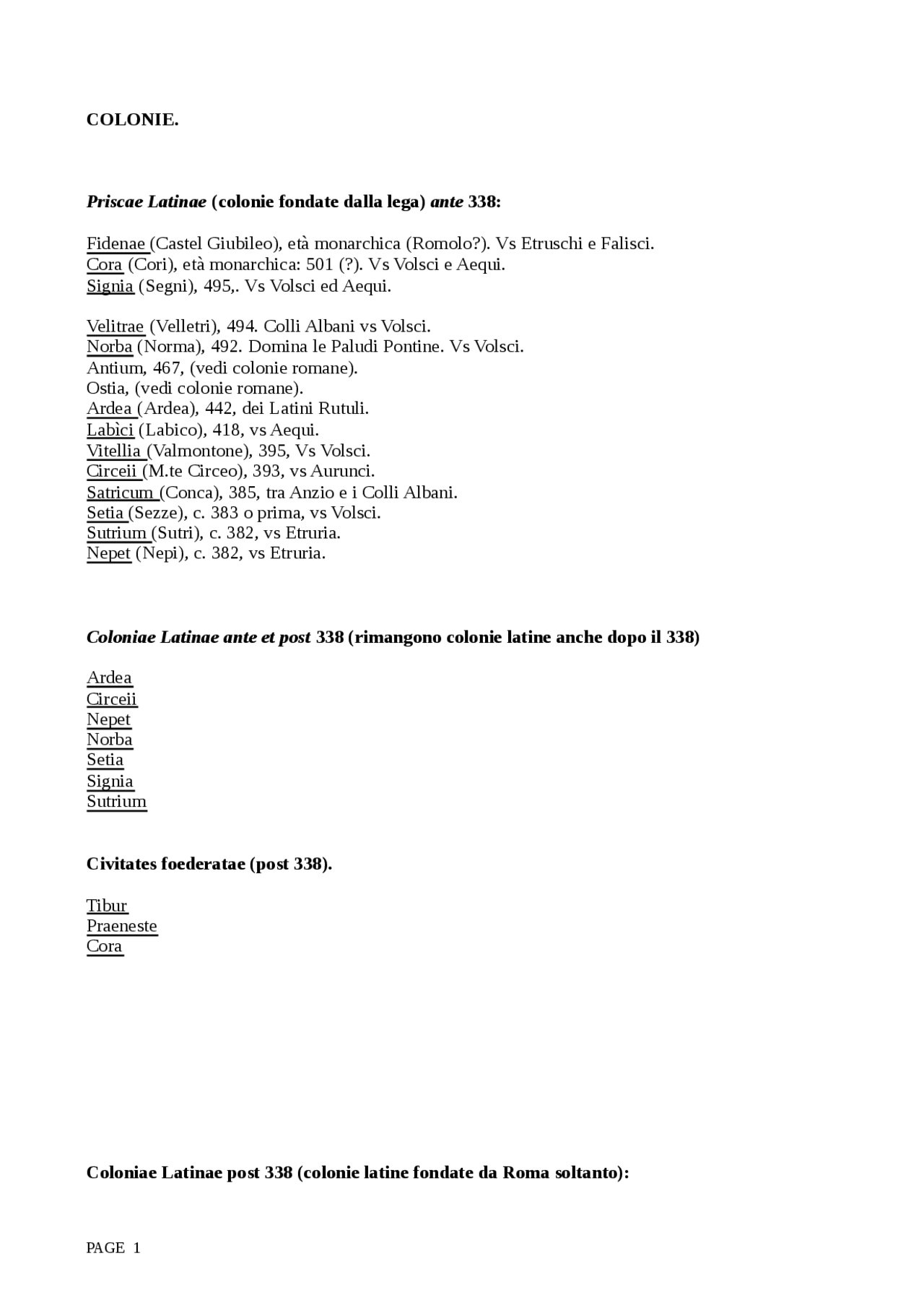 Schema sulle colonie romane e latine - Docsity