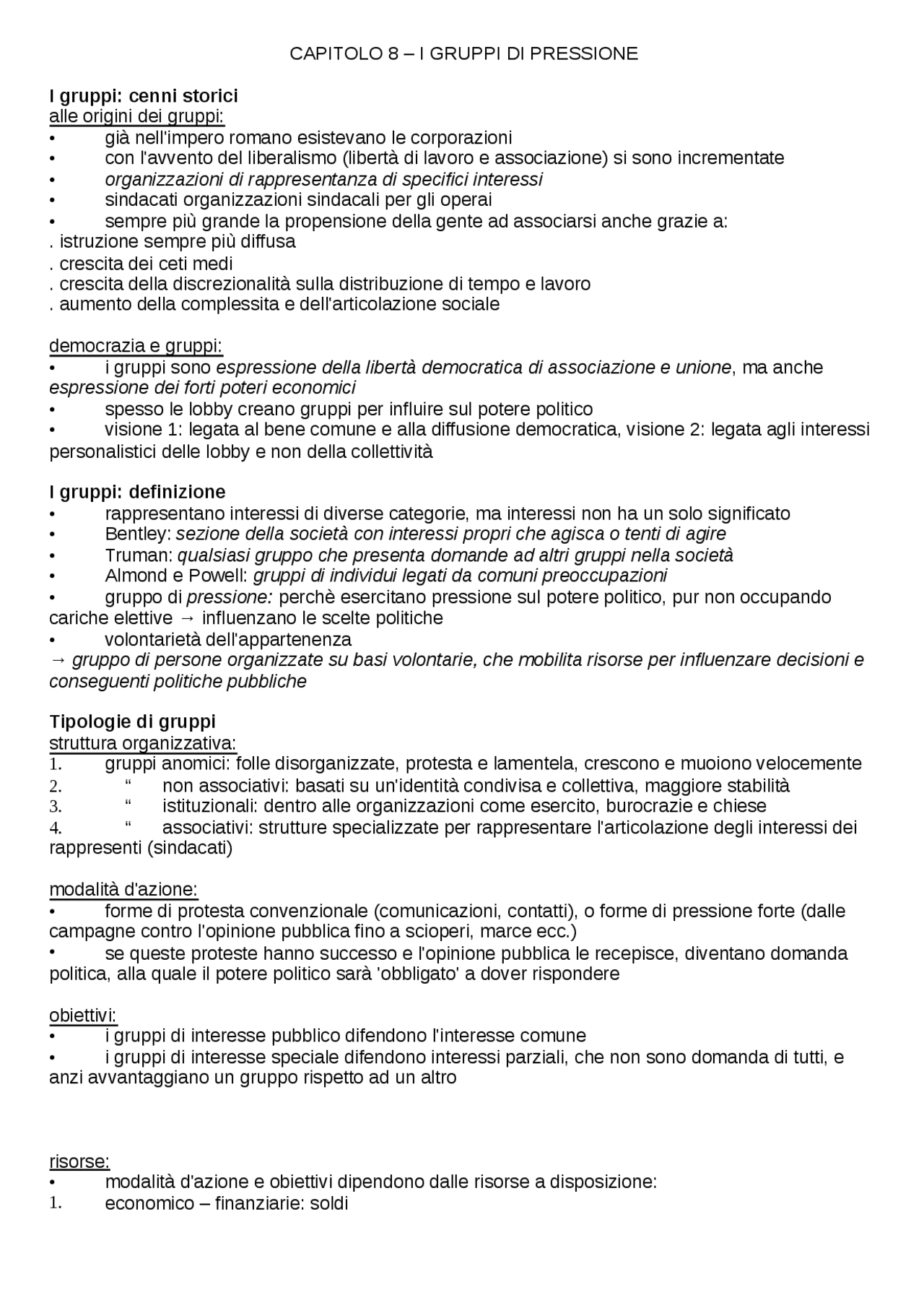 Riassunto capitolo "I gruppi di pressione" - Docsity