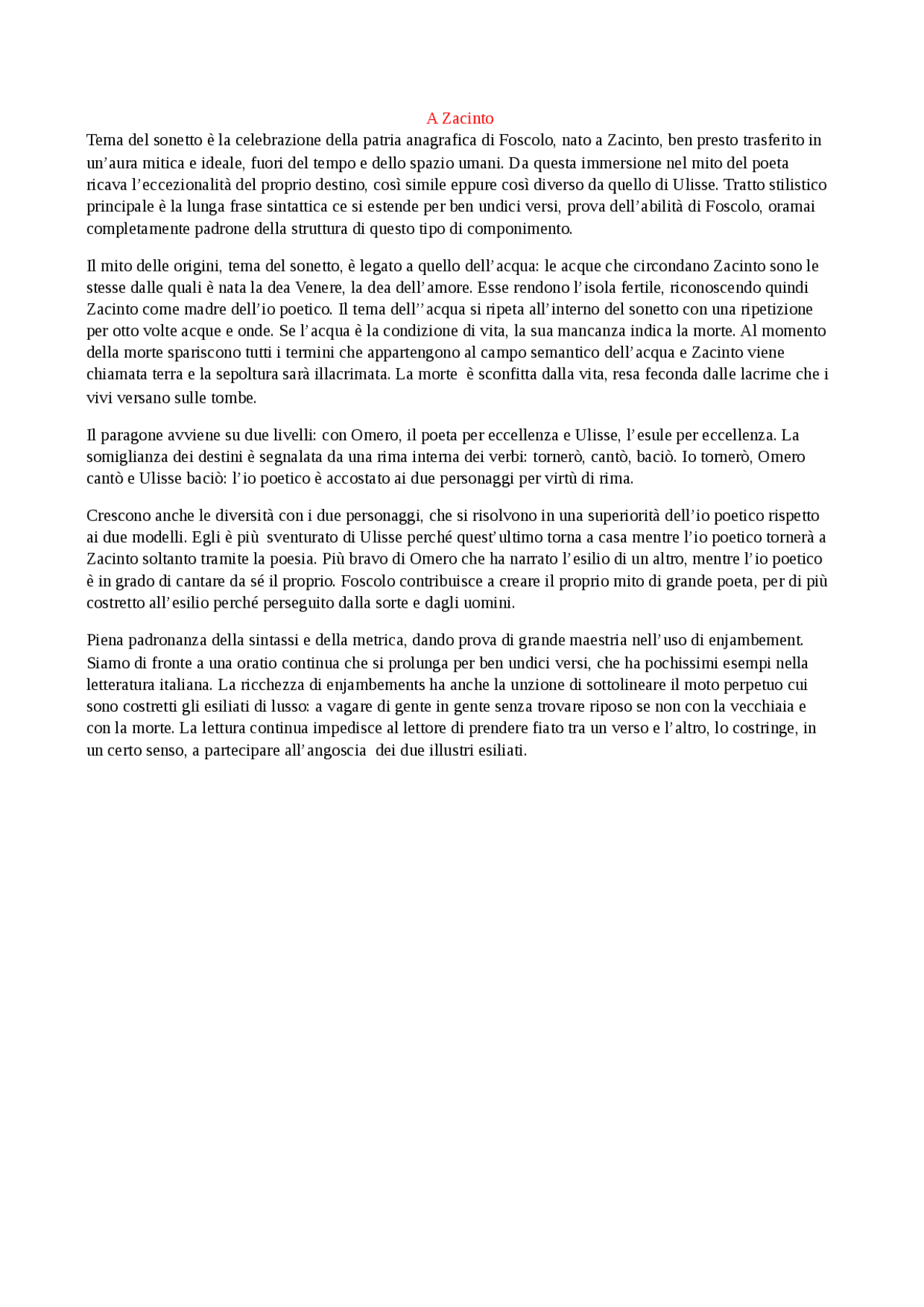 A Zacinto Ugo Foscolo Poesie Docsity