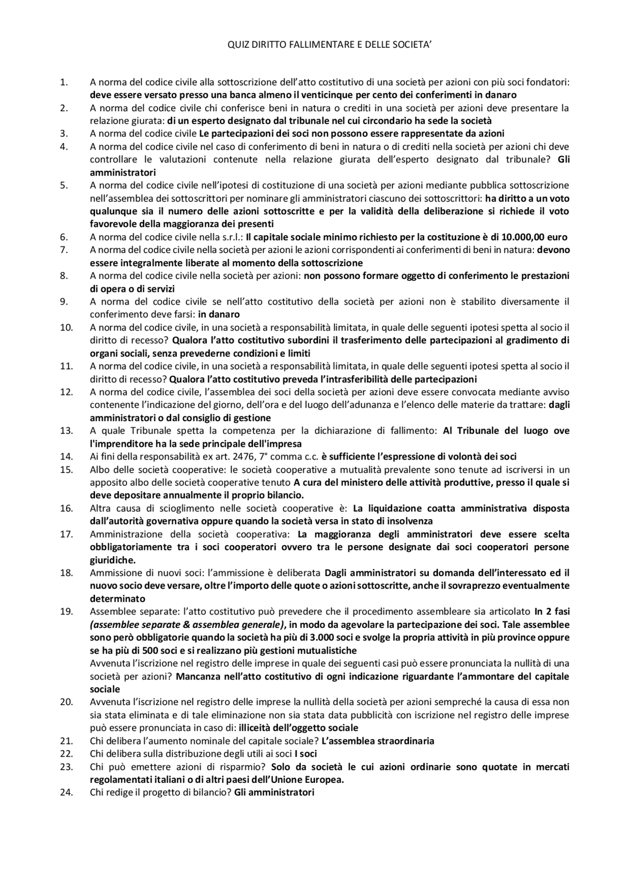 Test Diritto Fallimentare E Delle Società Docsity