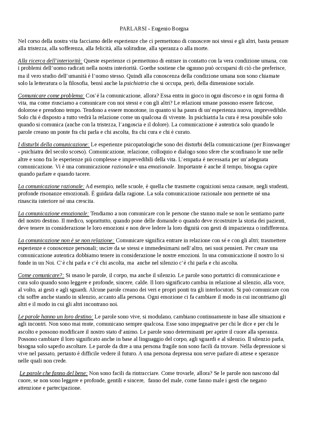 Parlarsi Eugenio Borgna Docsity