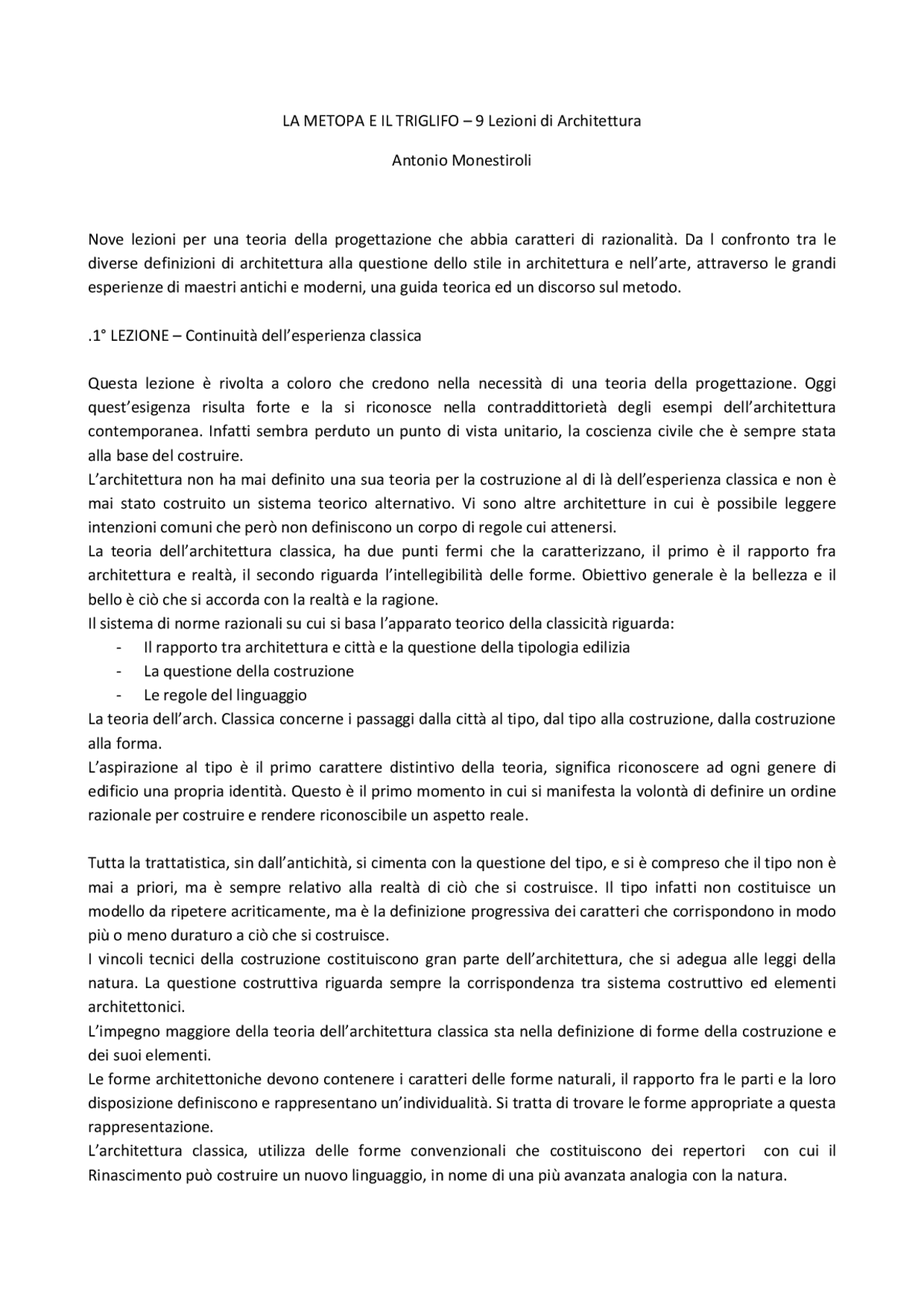 La metopa e il triglifo di Antonio Monestiroli - Docsity