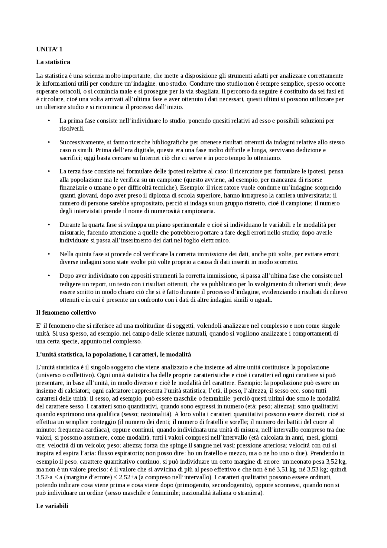 Prima Parte Statistica Sintesi Del Corso Di Statistica Docsity