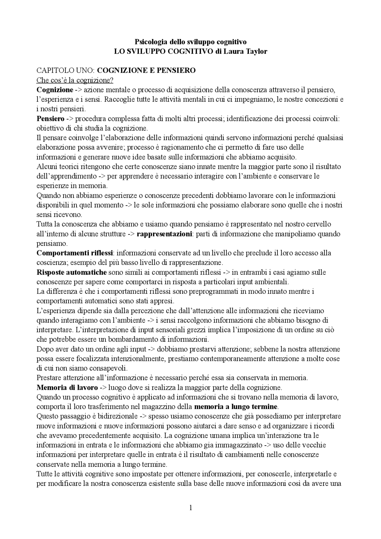 Lo Sviluppo Cognitivo Di Laura Taylor Docsity