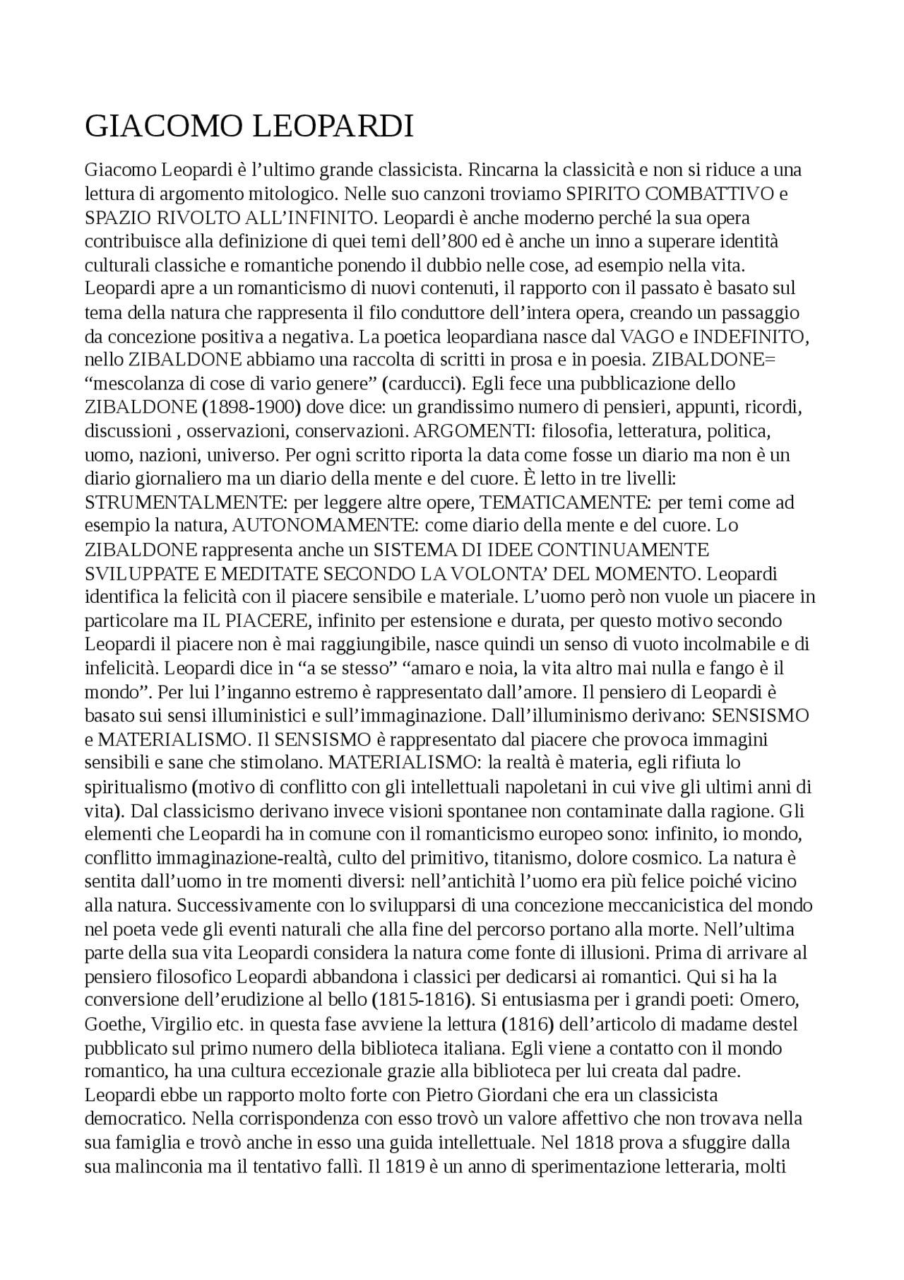 Riassunto Completo Giacomo Leopardi Docsity