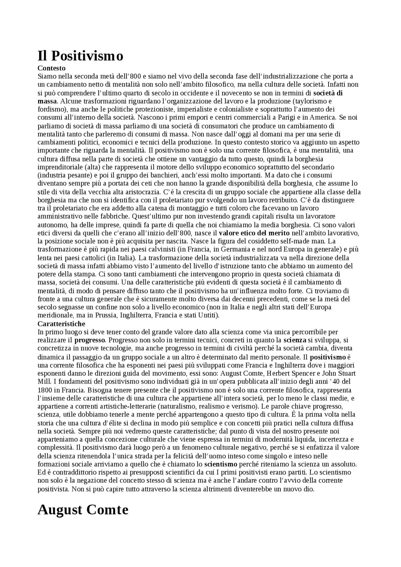Comte E Il Positivismo Docsity