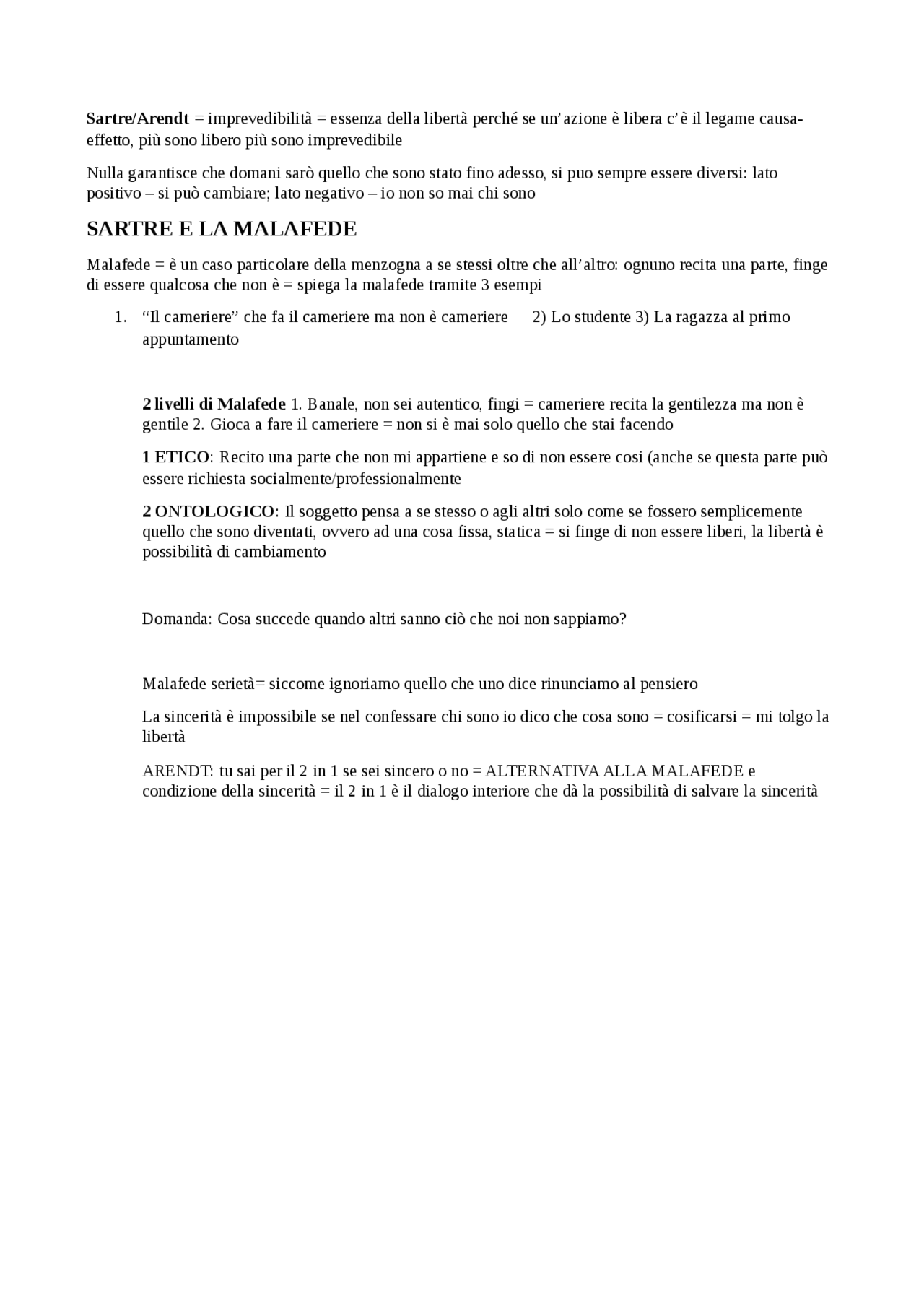 Sartre E La Malafede Appunti Di Filosofia Docsity