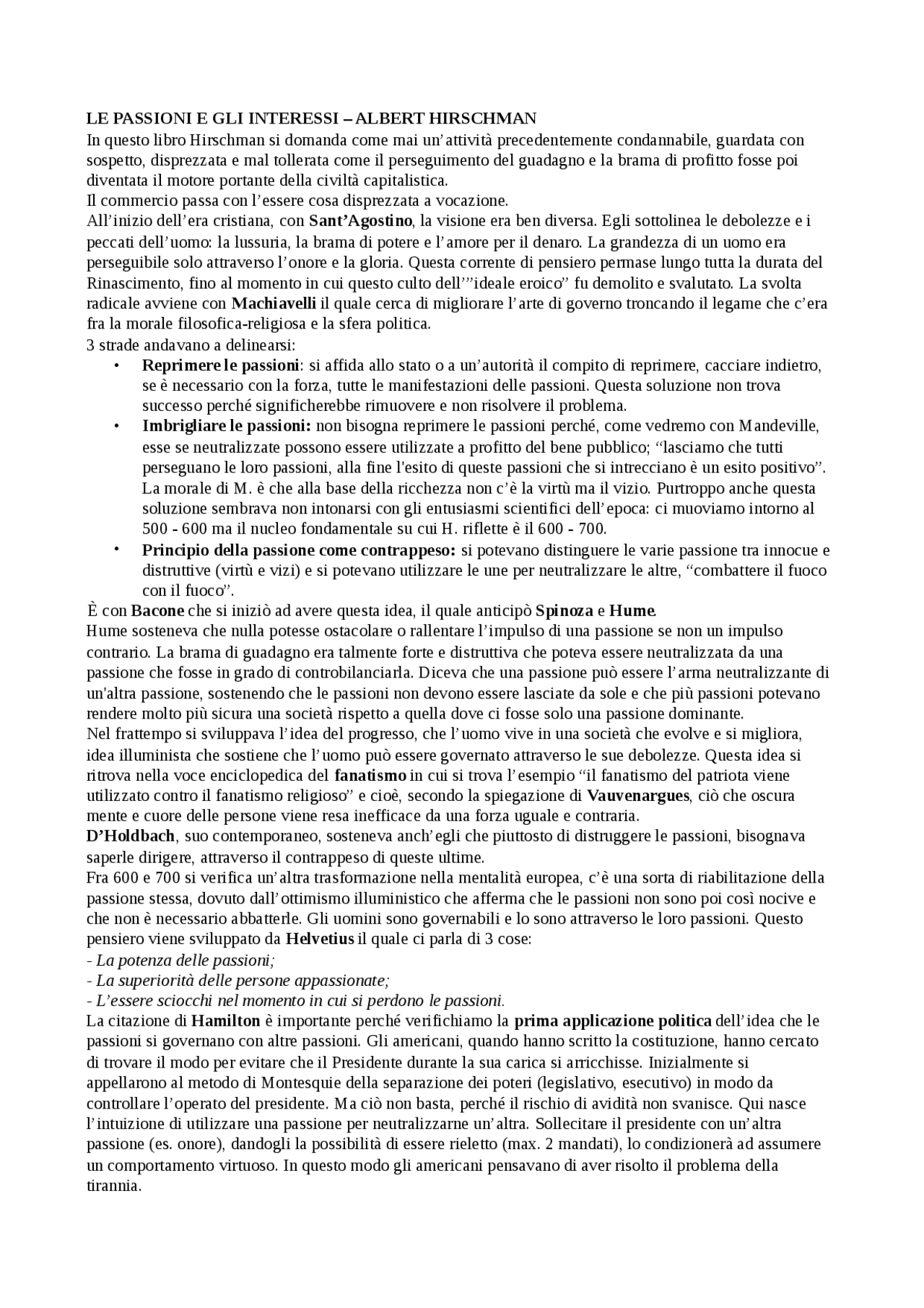 Riassunto Le Passioni E Gli Interessi Hirschman Docsity