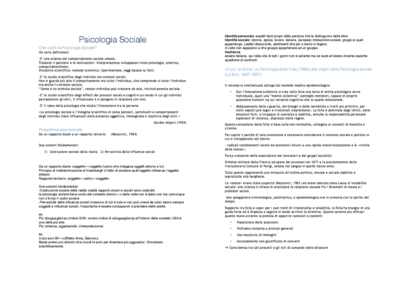 Riassunto Di Psicologia Sociale Docsity