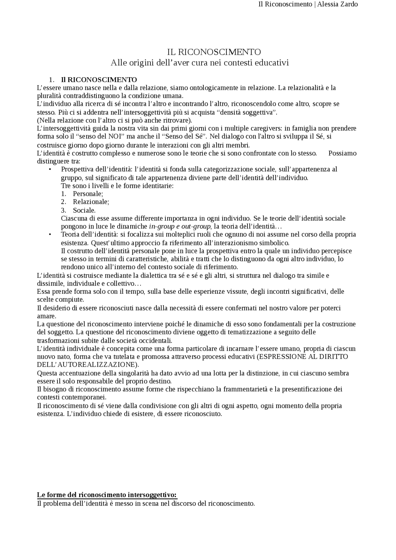 Il Riconoscimento Nei Contesti Educativi Docsity
