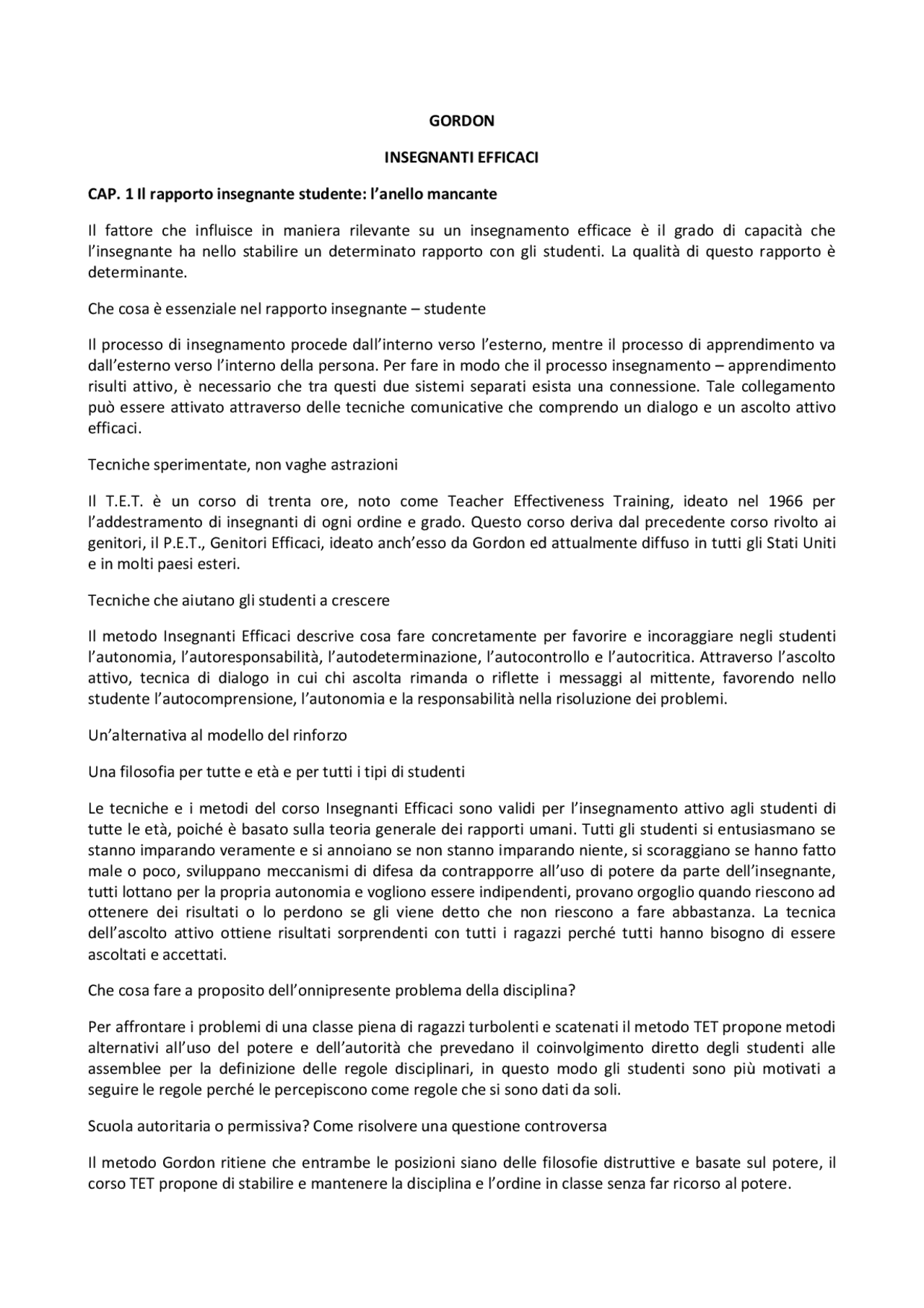 Insegnanti Efficaci Di Thomas Gordon Docsity