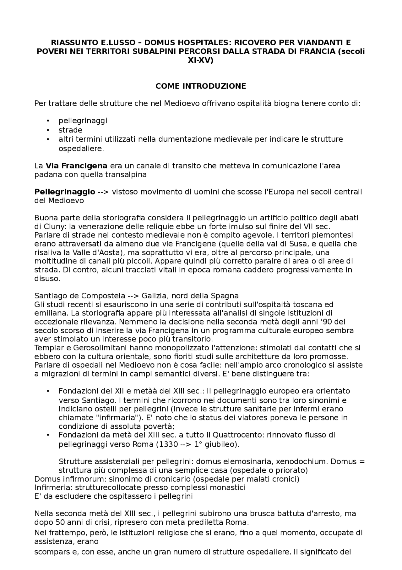 Riassunto Domus Hospitales - E. Lusso - Università di Torino - Docsity