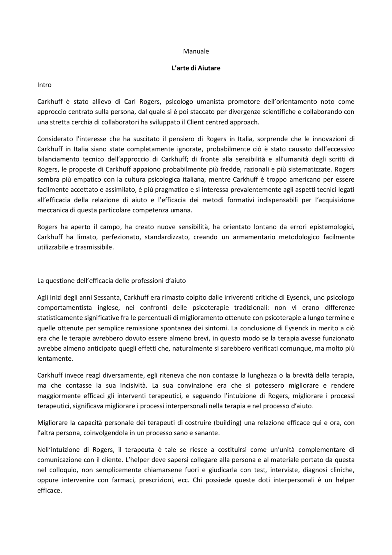L'ARTE DI AIUTARE Manuale di Robert Carkhuff Ed. Erickson - Docsity