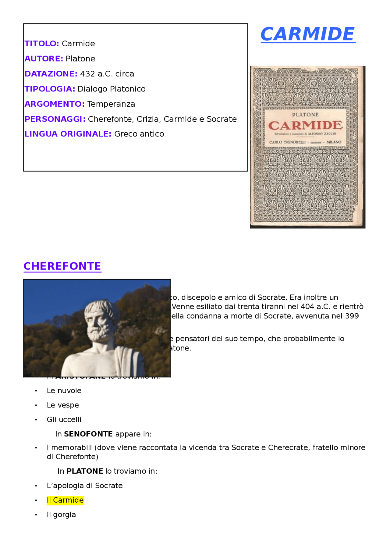 Appunti Schemi Integrazioni Del Carmide Schemi E Mappe