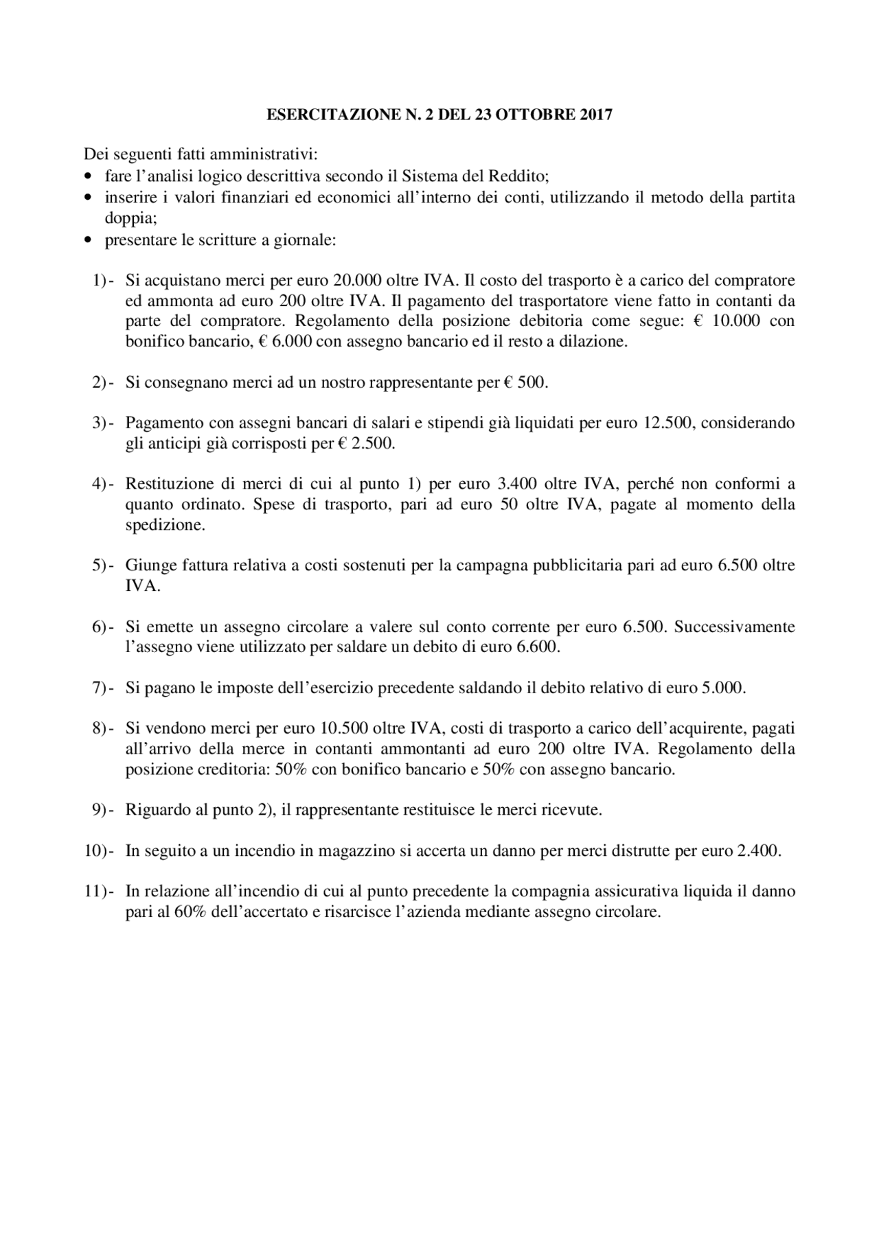 Esercizi contabilità partita doppia | Esercizi di Contabilità | Docsity