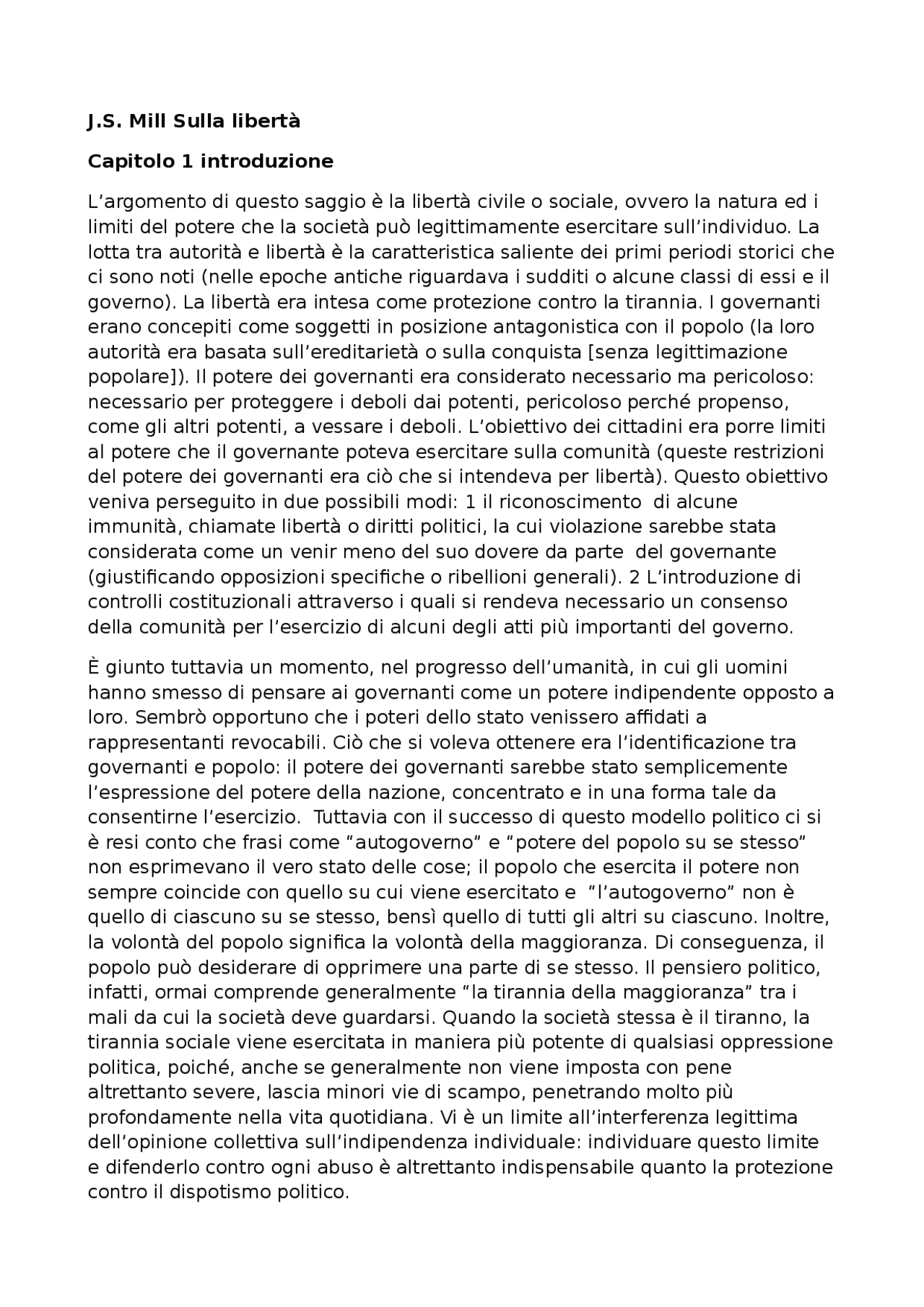 John Stuart Mill Saggio Sulla Libertà Docsity