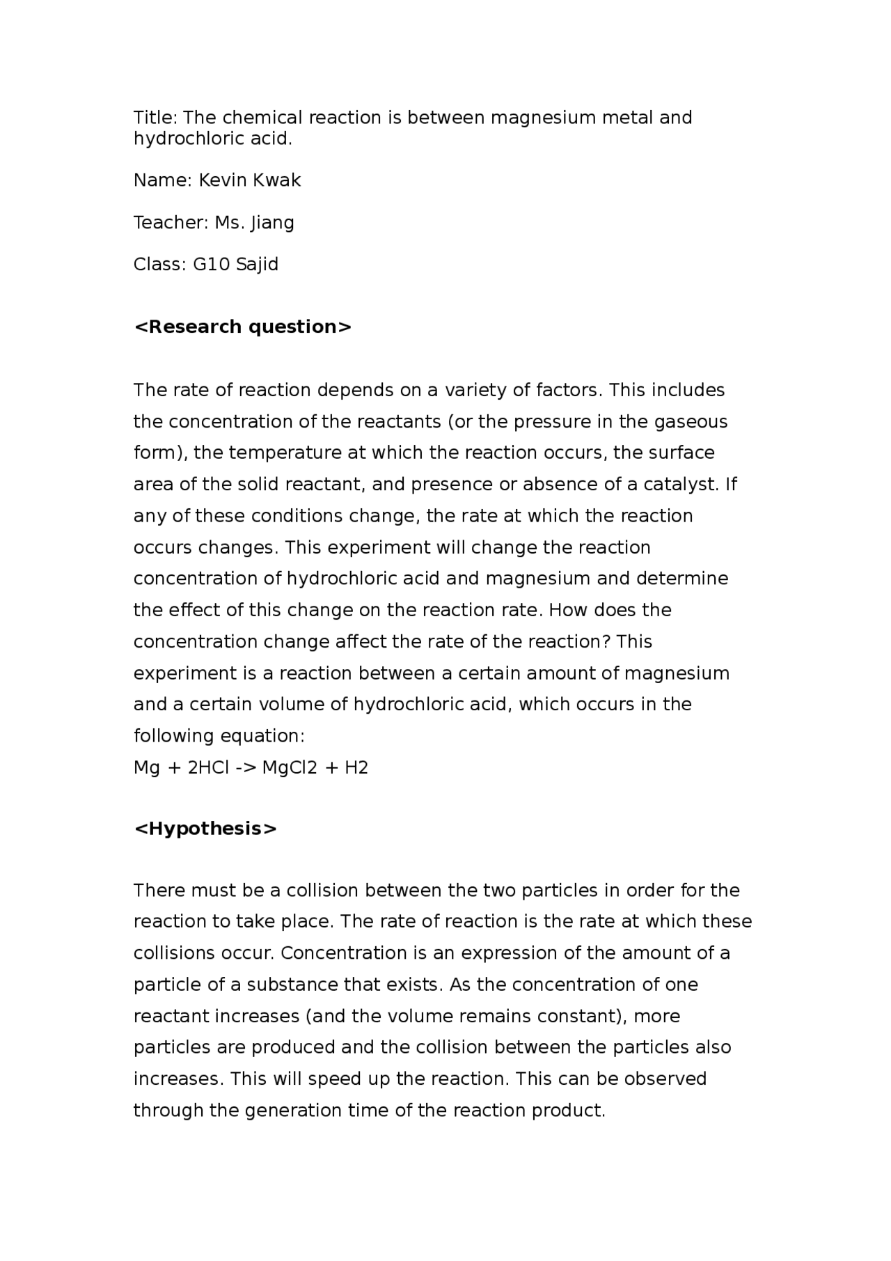 Rate Of Reaction Lab Report Docsity