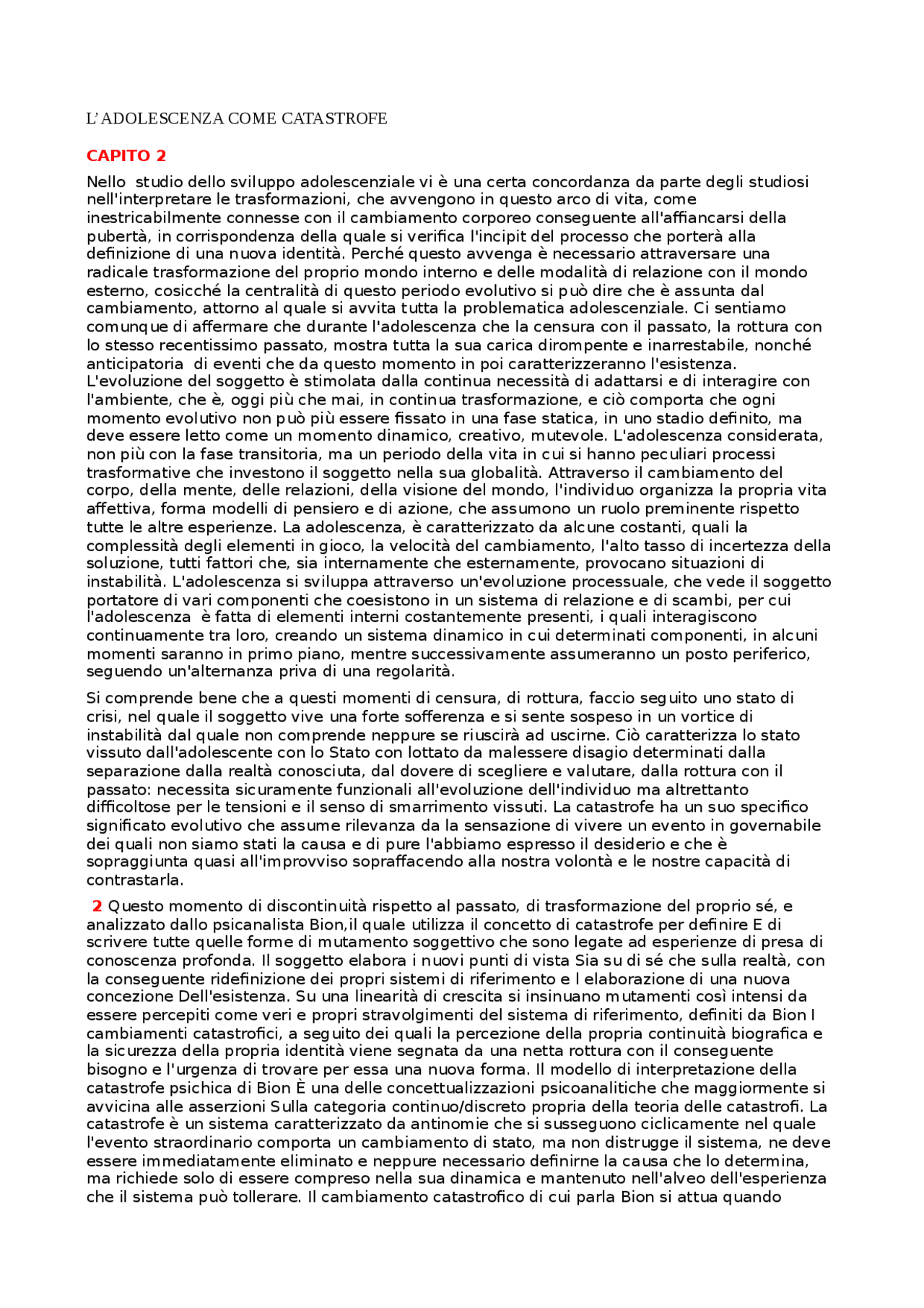 Ladolescenza Come Catastrofe Riassunto Docsity