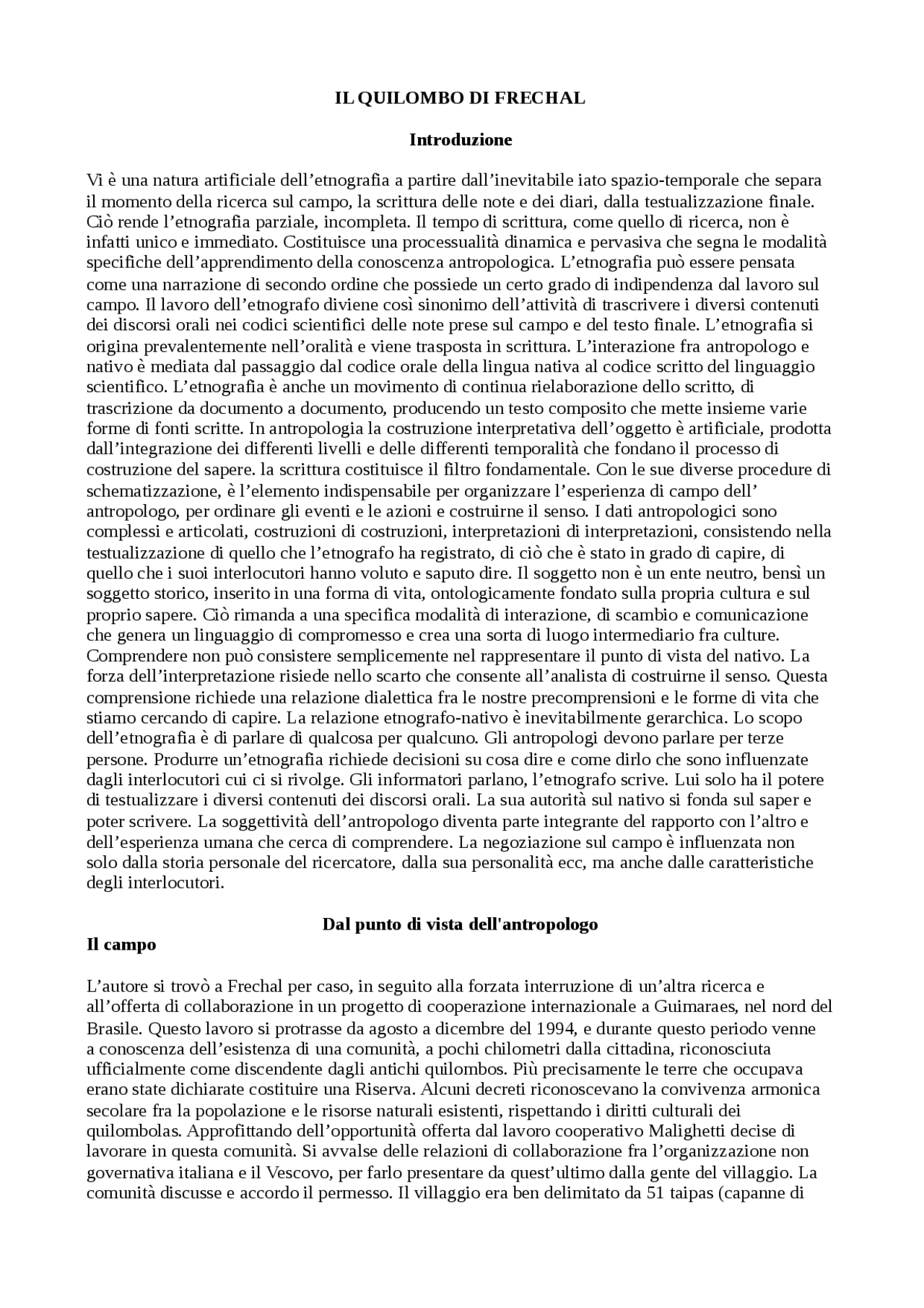 Appunti Lezione Sul Quilombo Del Prof Malighetti Docsity
