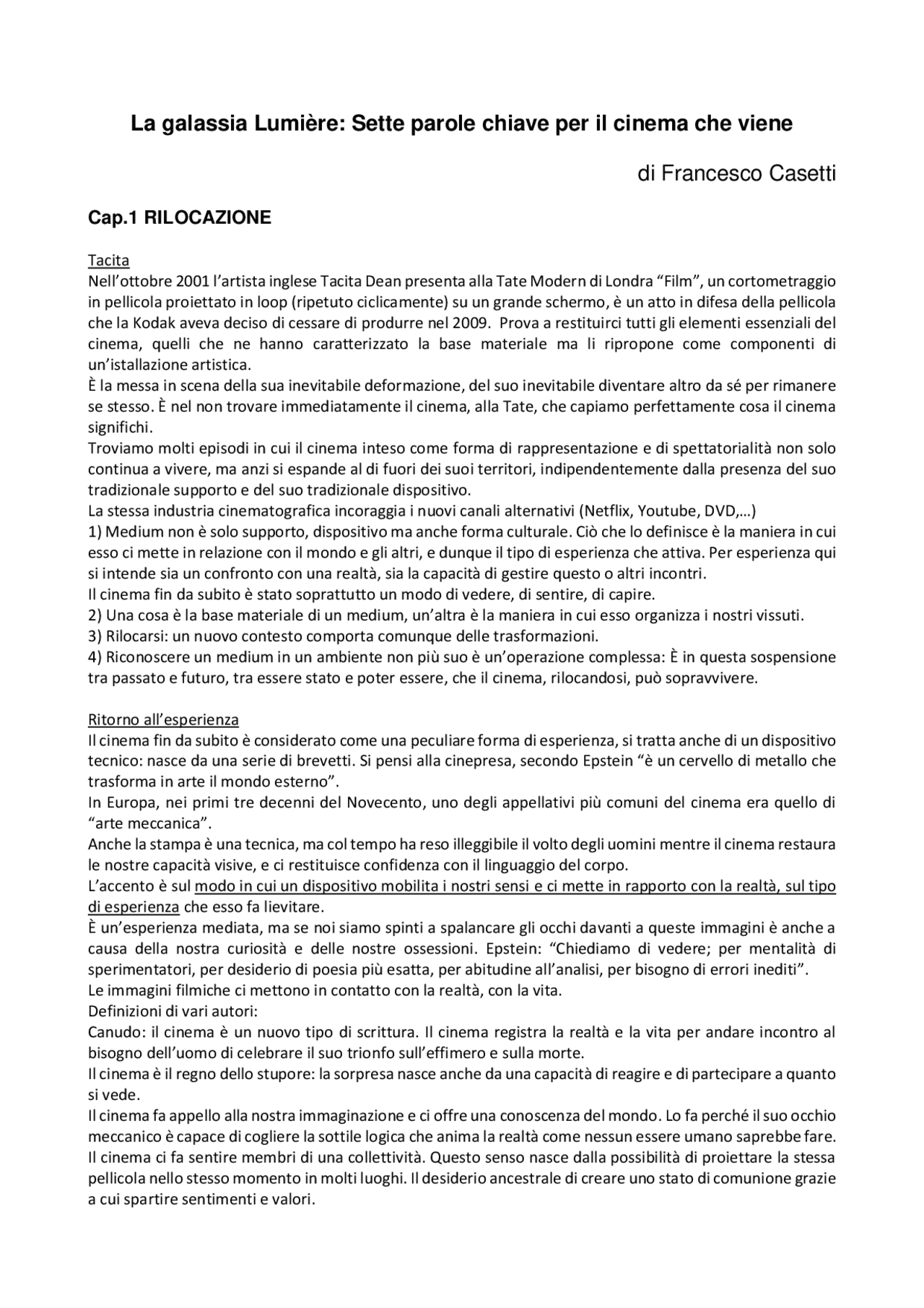 La Galassia Lumiere Di Francesco Casetti Riassunto Del Libro Docsity