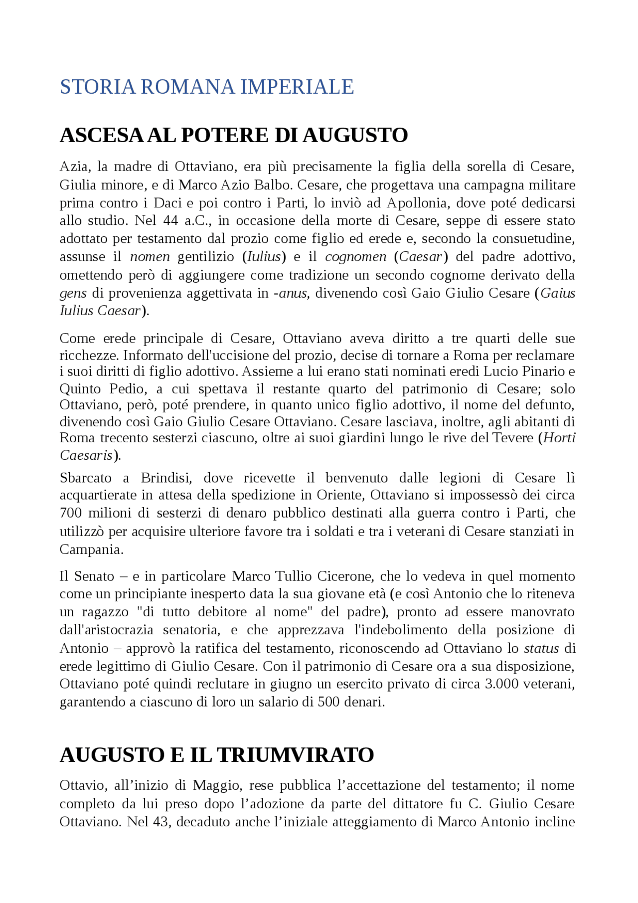 Storia romana imperiale. | Appunti di Storia Romana | Docsity