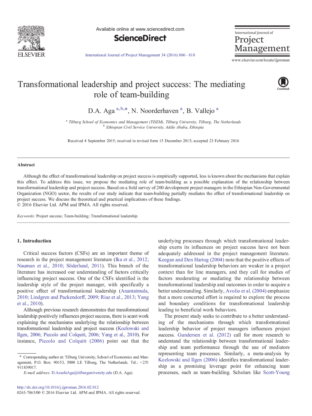 Transformational leadership and project success: The mediating role of ...