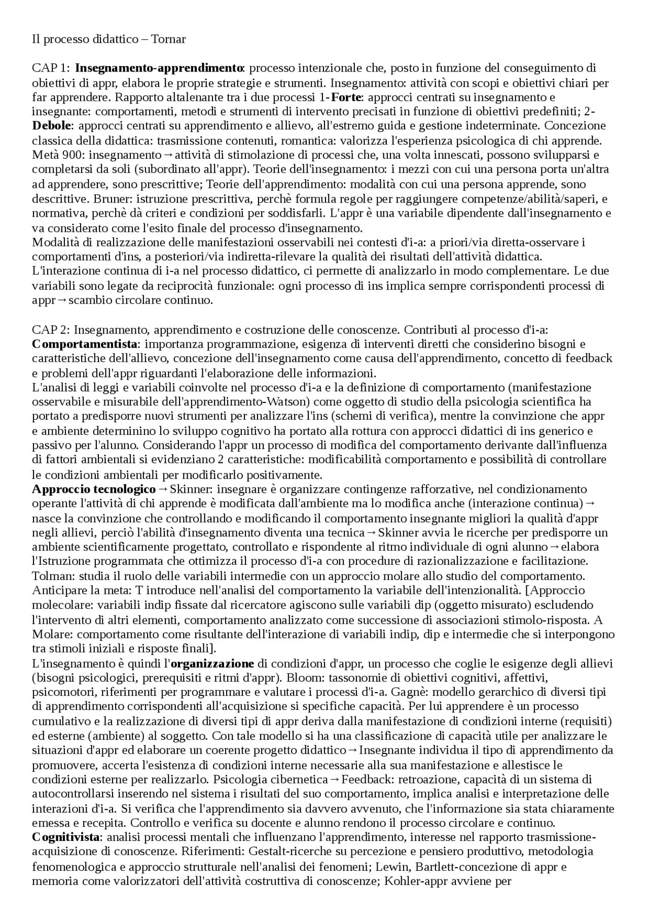 Riassunto Processo Didattico Tornar Docsity