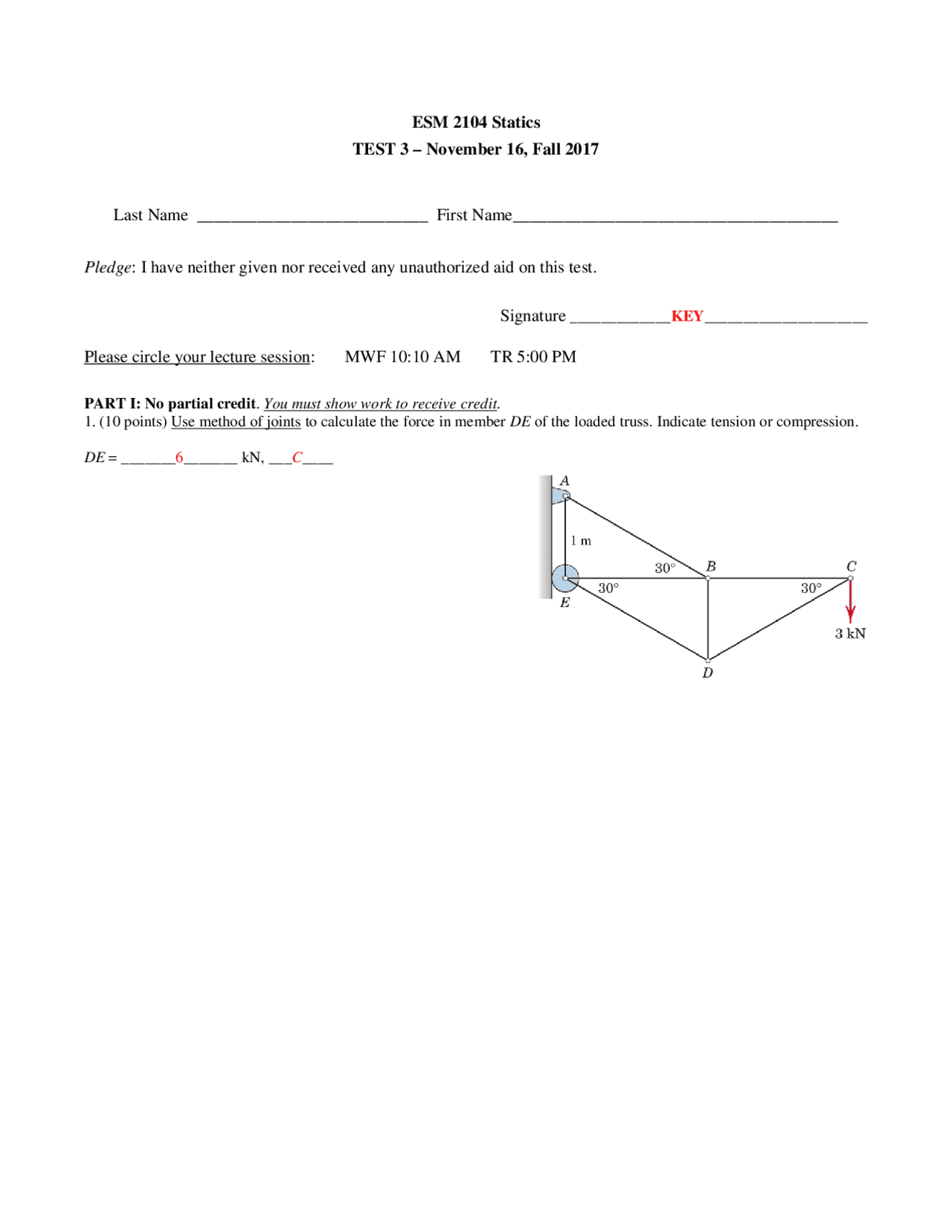 Test 3 Answer Key Statics 2017 Esm 2104 Exams Statics Docsity