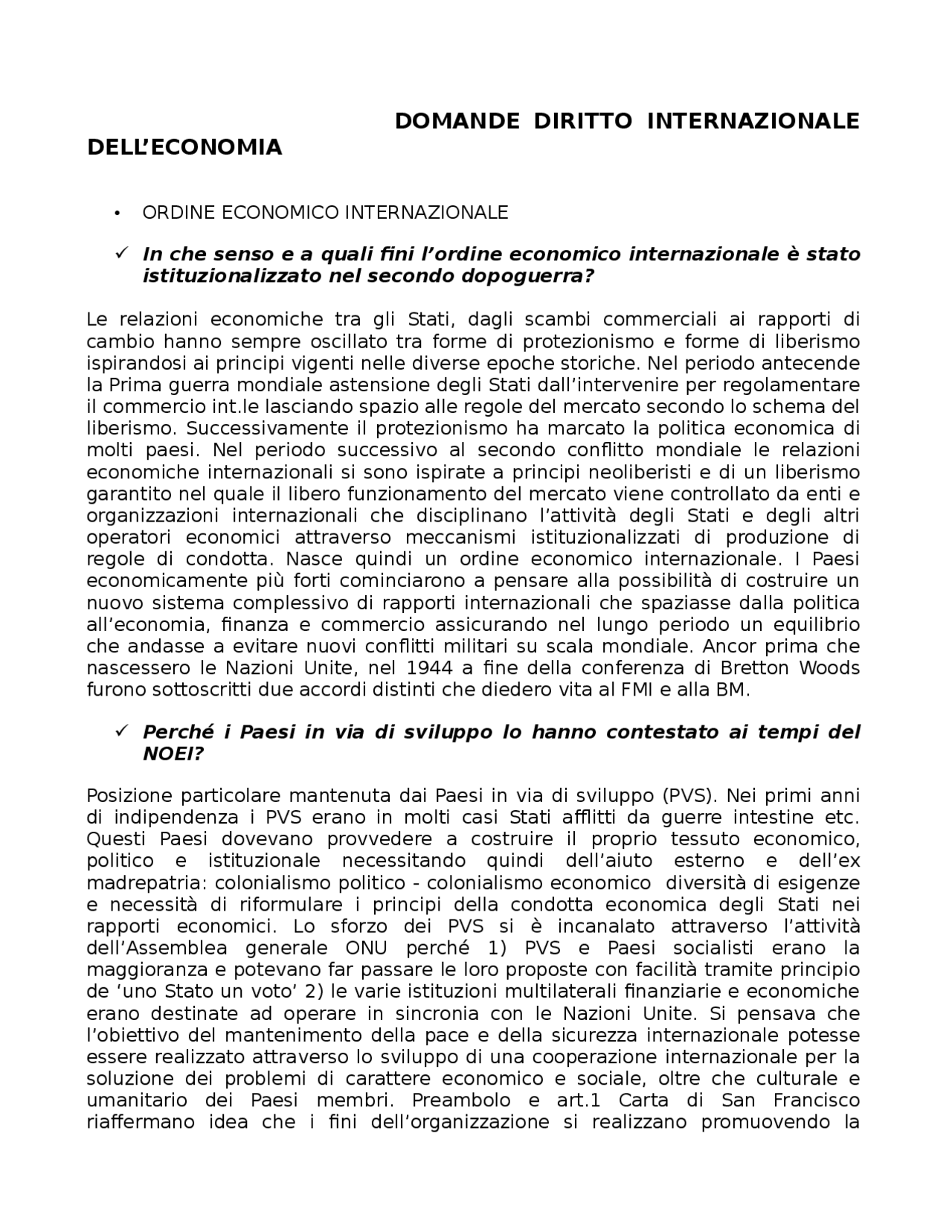 Domande Esame Diritto Internazionale Delleconomia Docsity