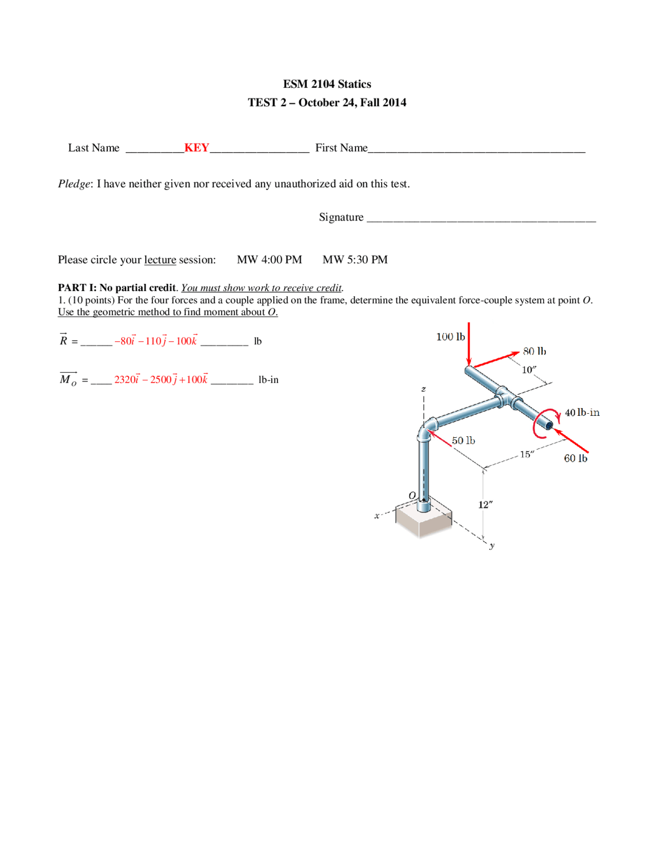 Test 2 with Answers Key - Statics - Fall 2014 | ESM 2104 | Exams ...