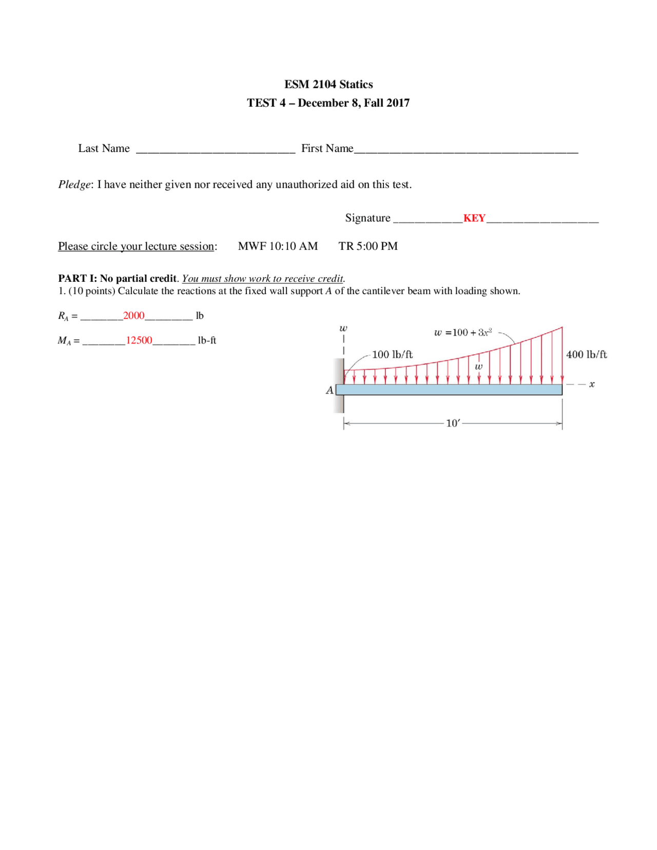 Test 4 Answer Key Statics 2017 Esm 2104 Docsity