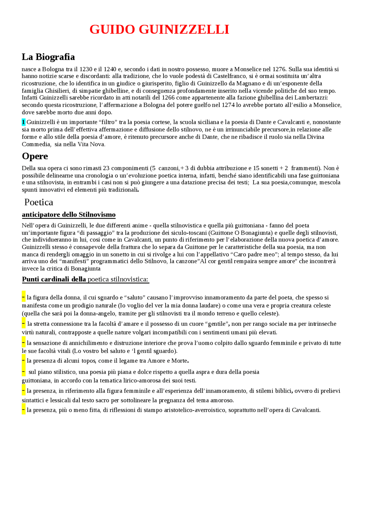 Biografia Guinizzelli Docsity